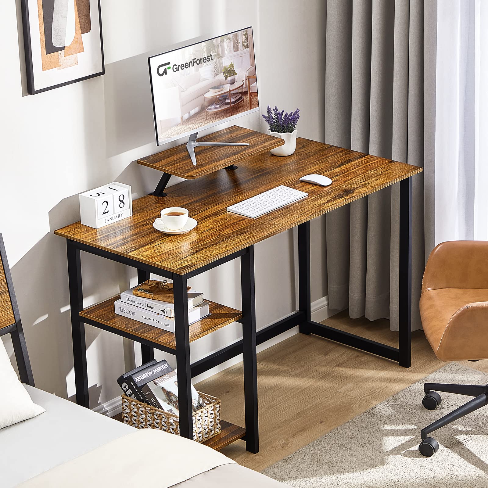 Home Office Computer Desk with Monitor Stand and Reversible Storage ...