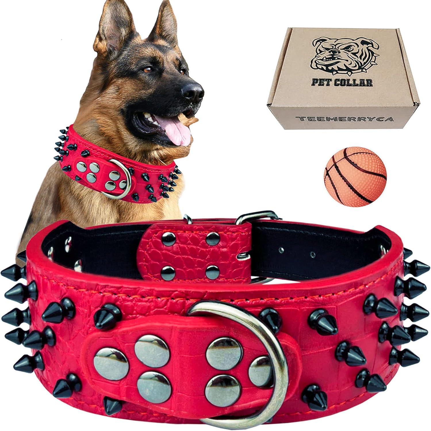 TEEMERRYCA Wide Leather Spiked Studded Red Dog Collars with Black Studs ...