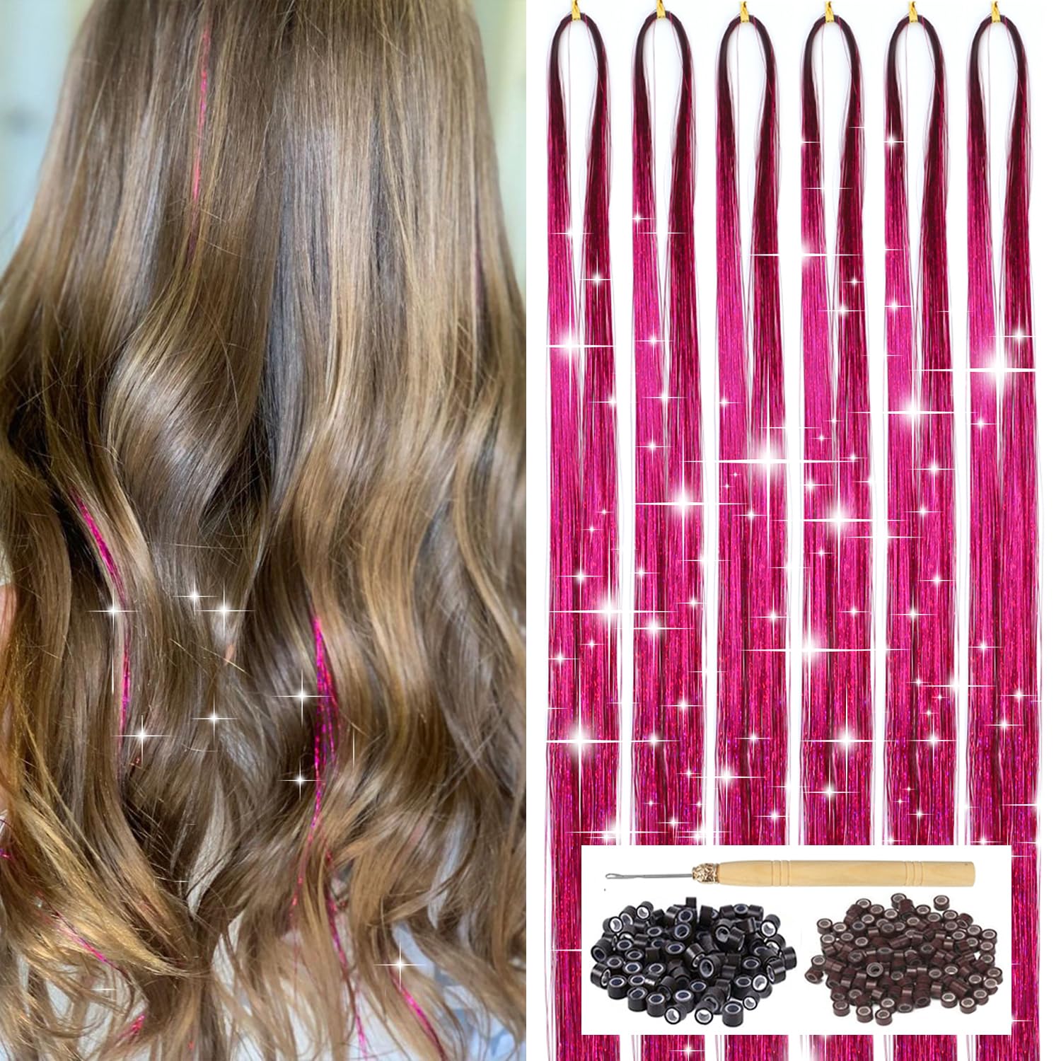 Amazon.com : Rose Red Hair Tinsel Kit with Tool 6pcs 1200 Strands ...
