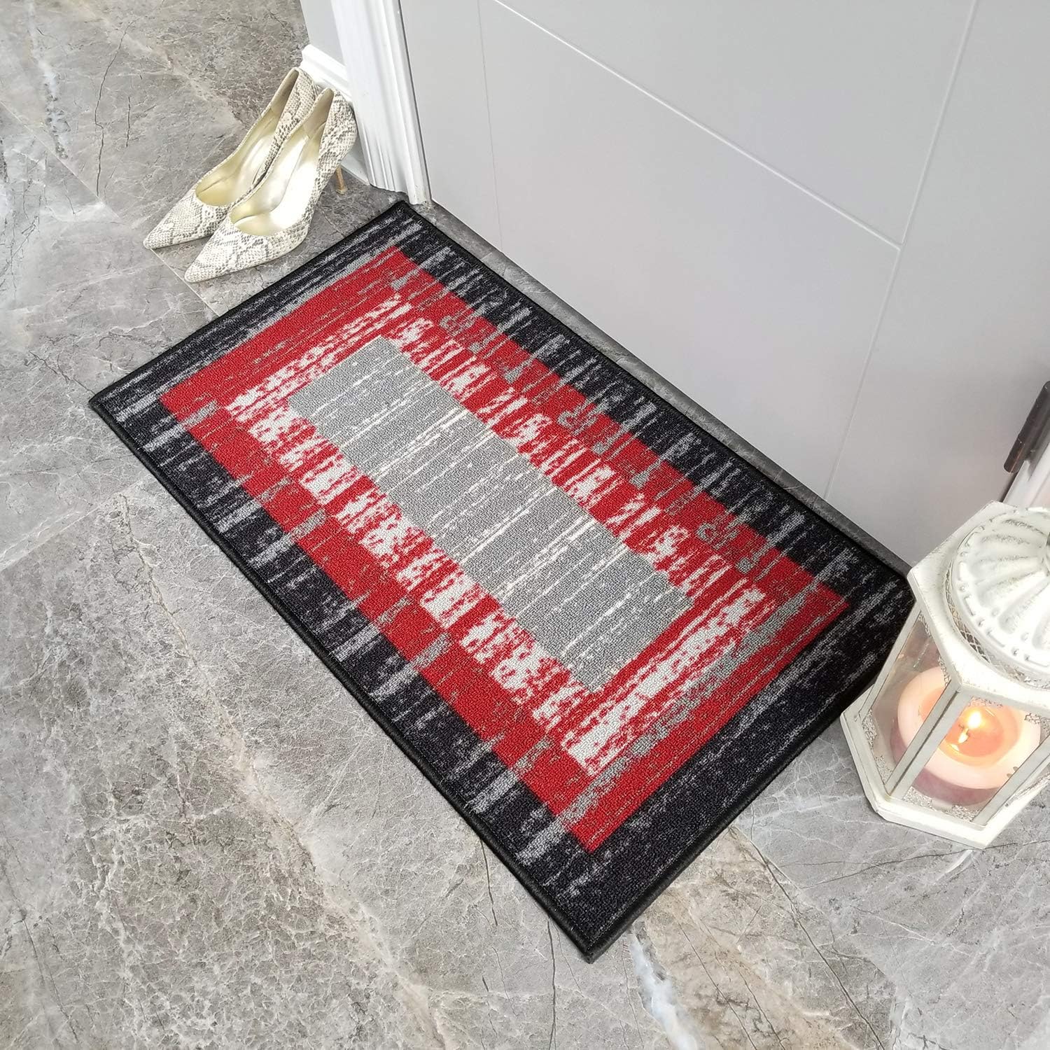 Amazon.com: Indoor Doormat Rubber Backed, Red Grey Border Striped, Non ...