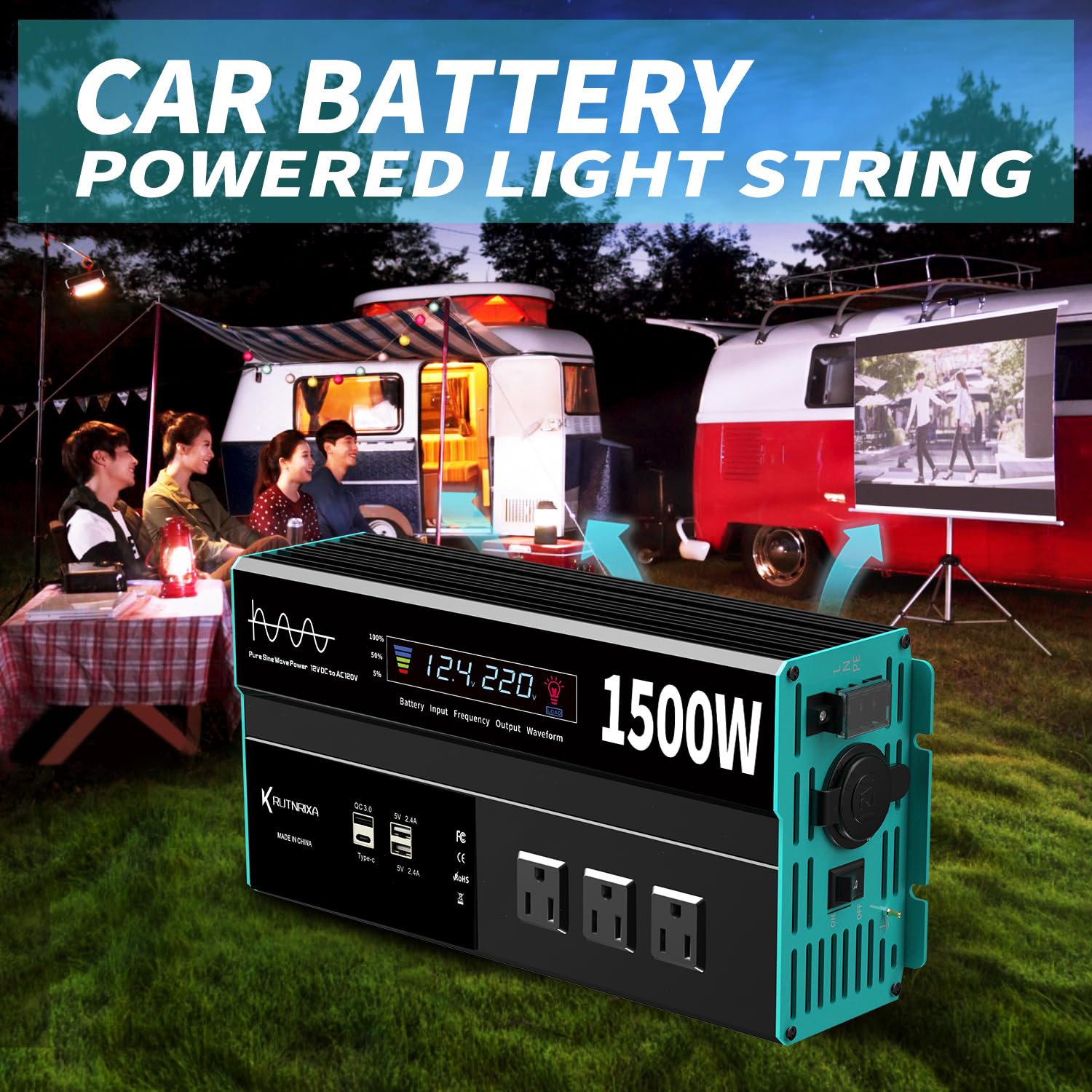 Snapklik.com : RUTNRIXA 1500W Pure Sine Wave Inverter 12V DC To 120V AC Converter For Home, RV ...