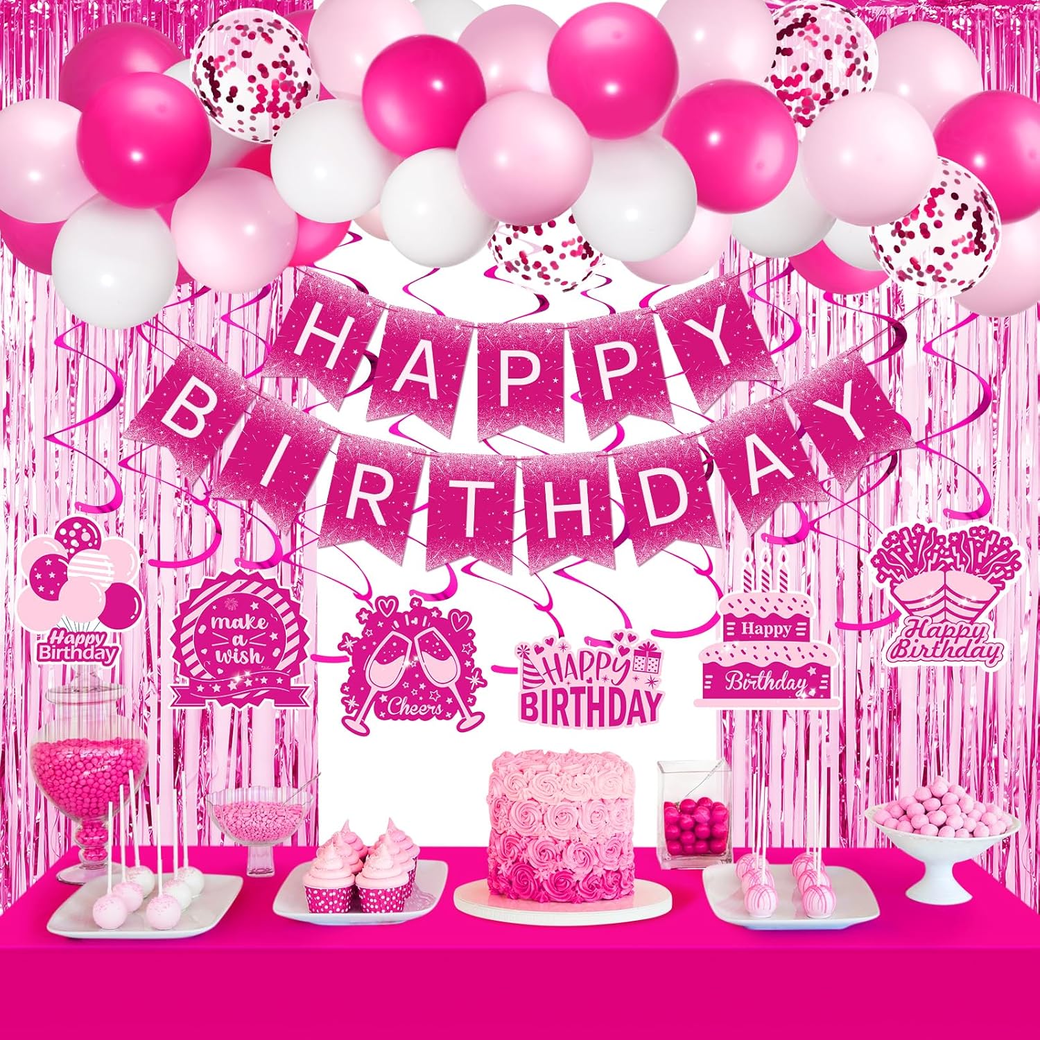 Amazon.com: Hot Pink Birthday Decorations for Girls, Hot Pink Happy Birthday Banner Balloons ...