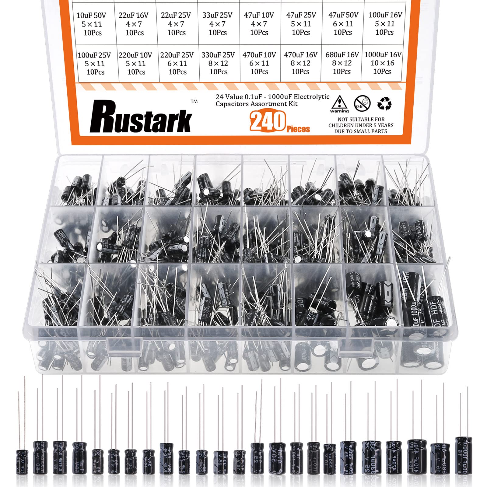 Rustark 240Pcs 24 Values 10V 16V 25V 50V Metal Electrolytic Capacitors ...