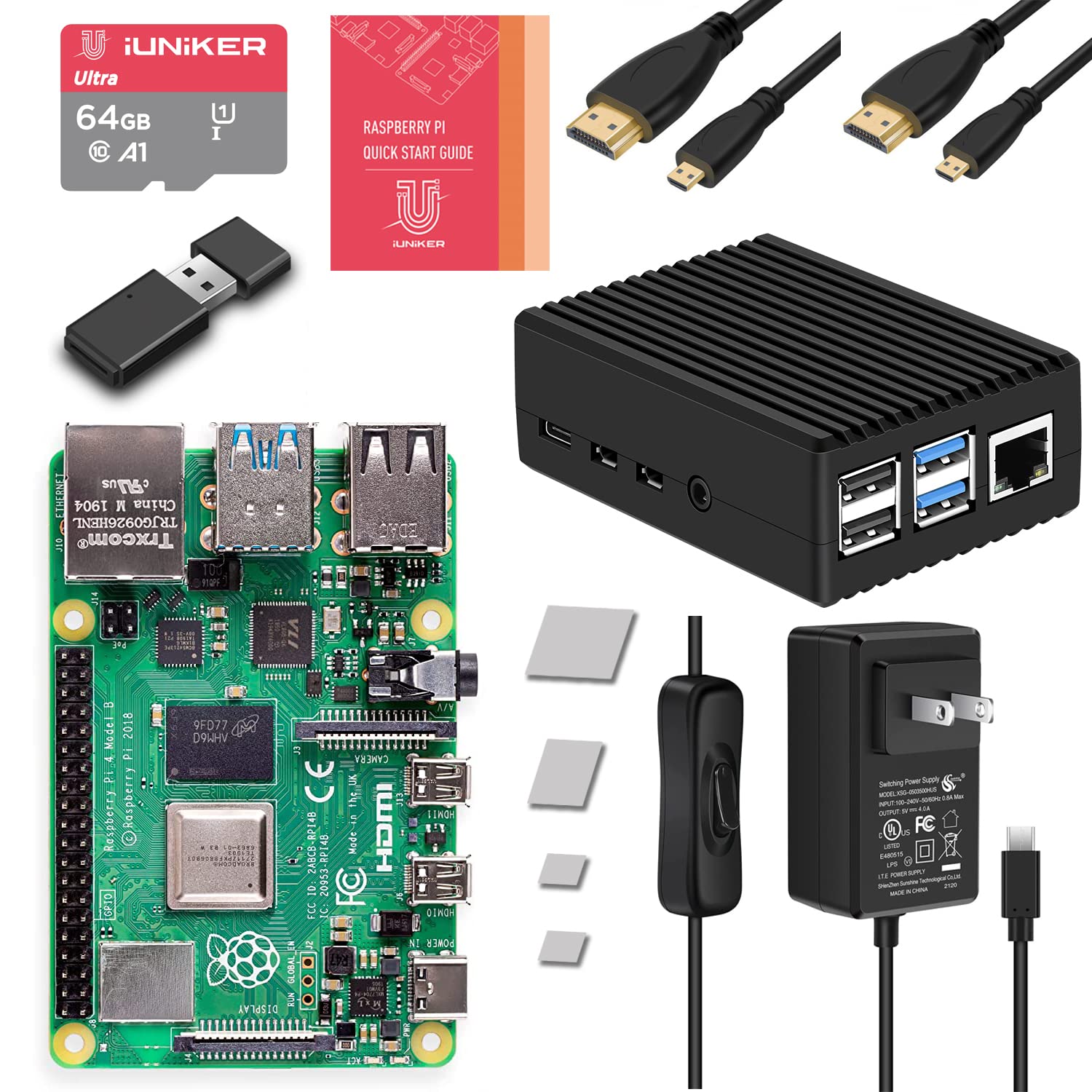 iUniker Raspberry Pi 4 2GB Starter Kit - 64GB Edition, Raspberry Pi 4 Case Aluminum Case, 20W 5V ...