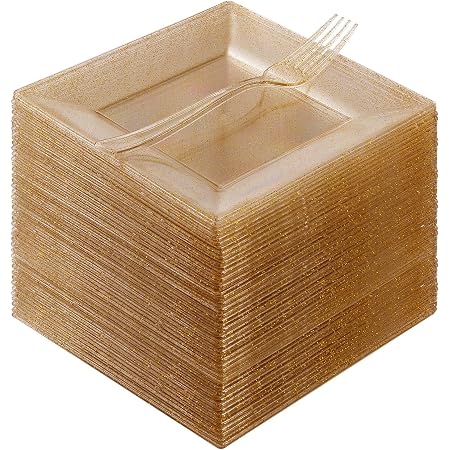 Amazon.com | 120 Pieces Square Gold Glitter Plates with Plastic Forks ...