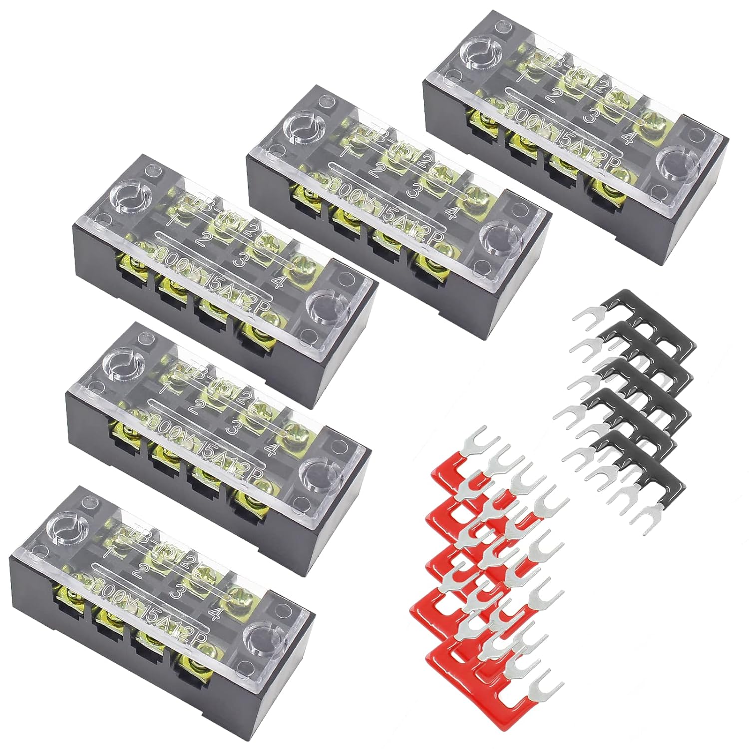 Kyuionty 5 Sets 4 Position 600V 15A Dual Row Screw Terminal Strip Block ...