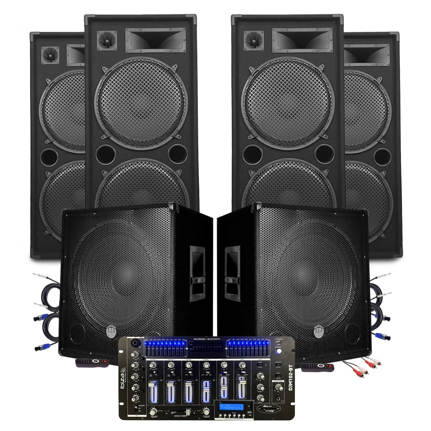 Pack SONO MEGA BASSES Caissons bi-amplifié 18" 46cm 2x1200W 4 Enceintes ...