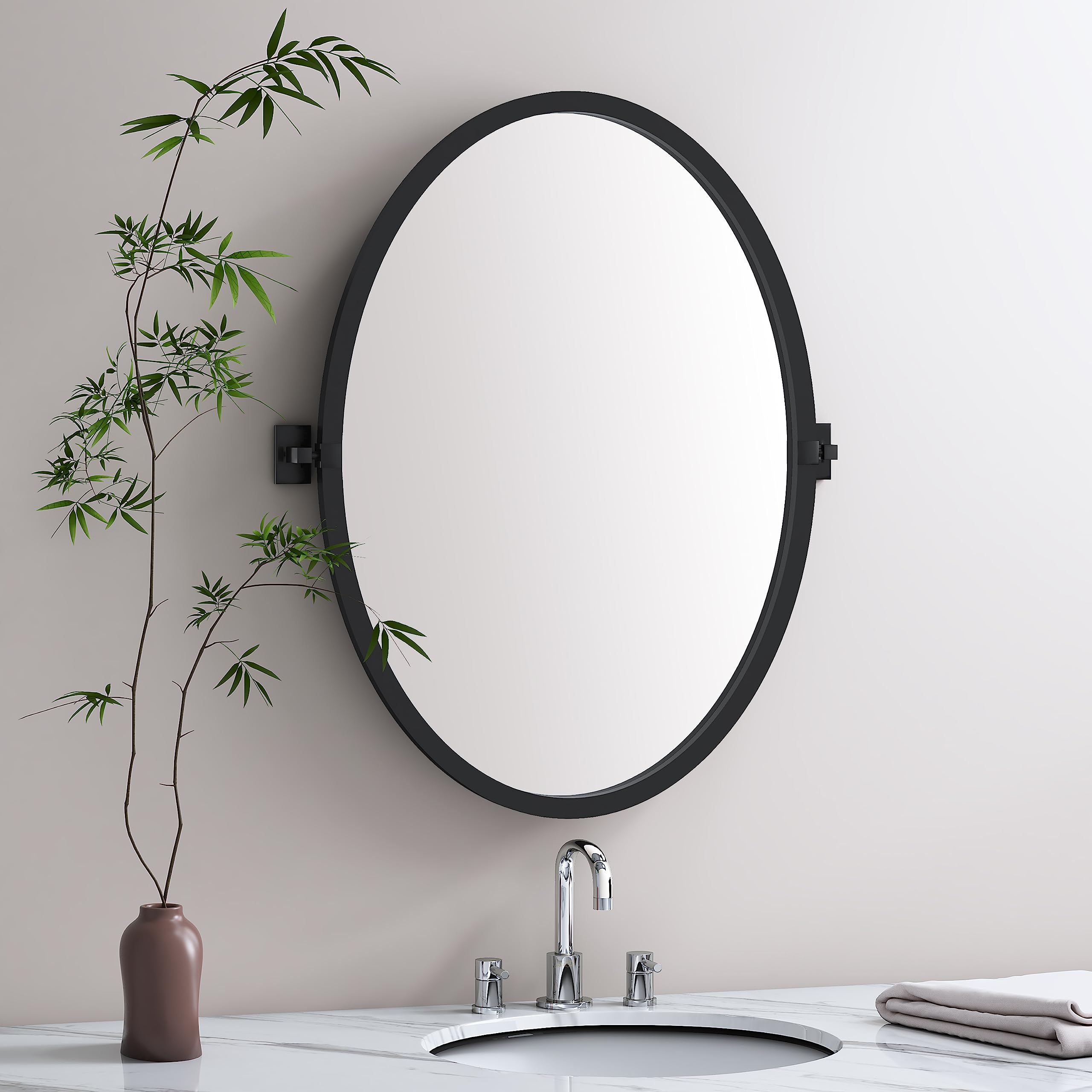 NXHOME 27.6X 19.7 inch Black Bathroom Pivot Mirror for Wall, Oval Farmhouse Vanity Mirror Metal ...