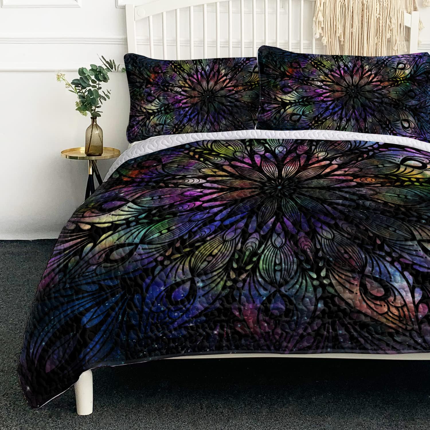Amazon.com: BlessLiving Mandala Quilt Set Purple Black King(104"x90 ...