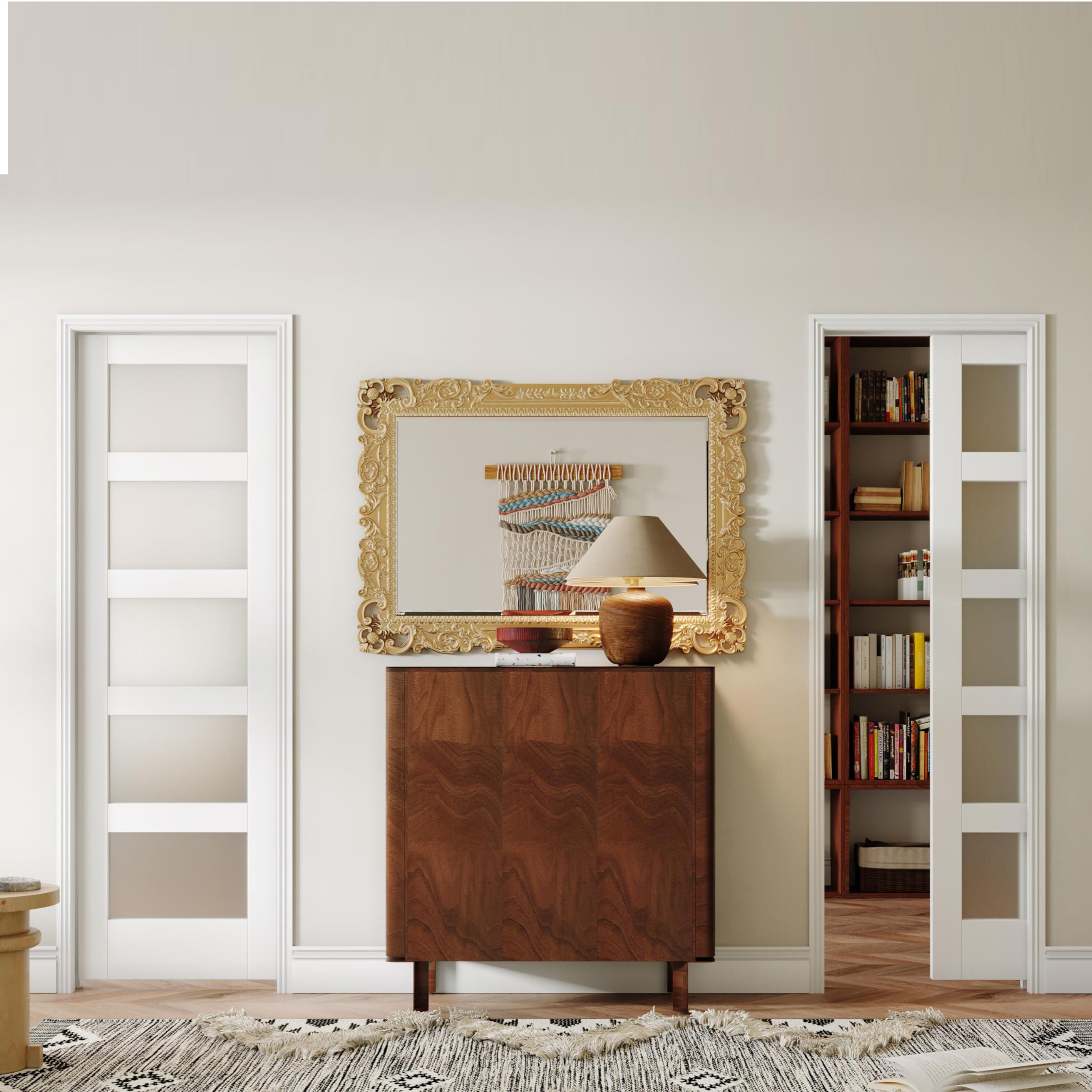 SOLRIG Double Sliding Pocket Door 60"（30" x2） x 80", 5 Lites Tempered ...
