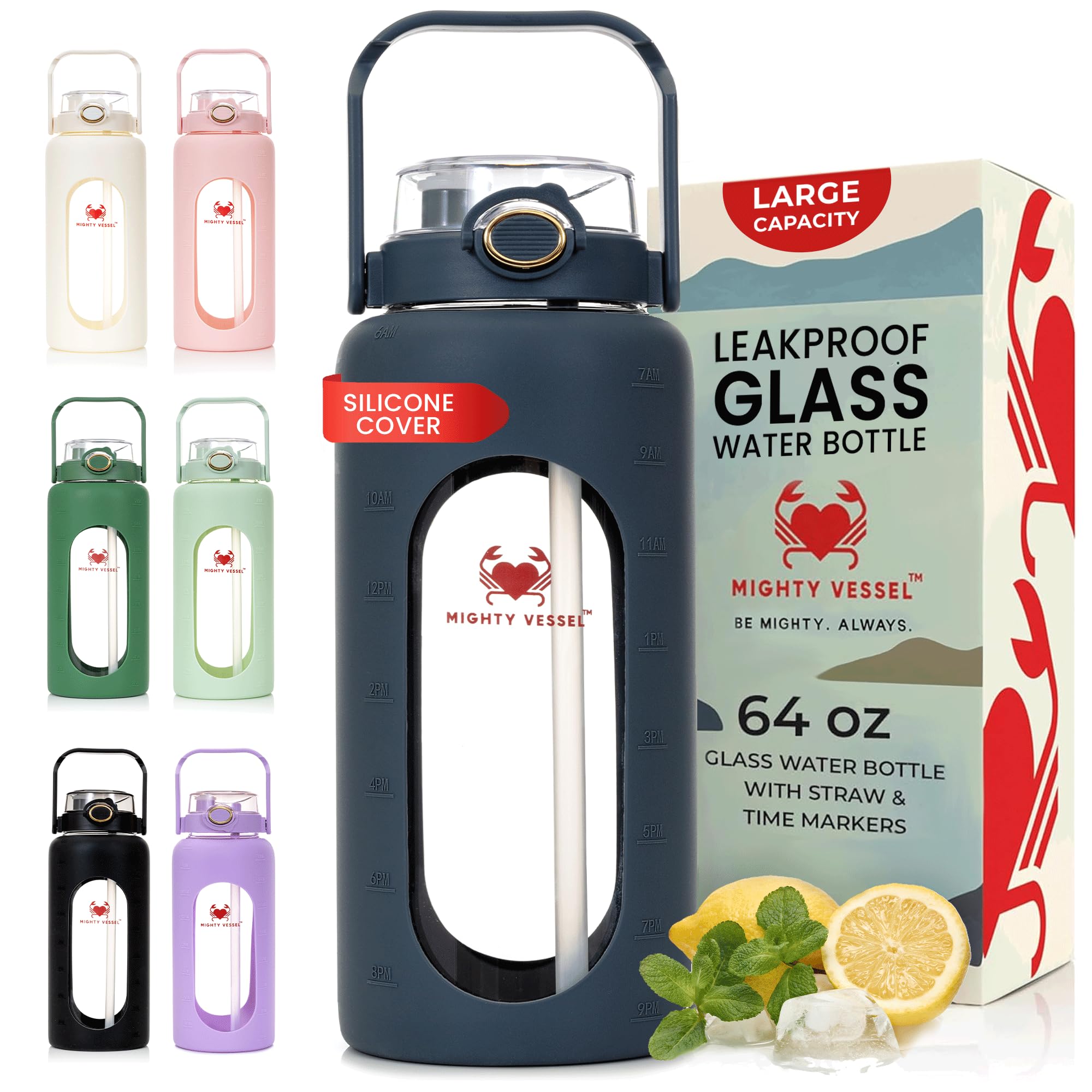 Amazon.com: MIGHTY VESSEL 64oz Glass Water Bottle | Blue Water Bottle with Straw & Time Marker ...