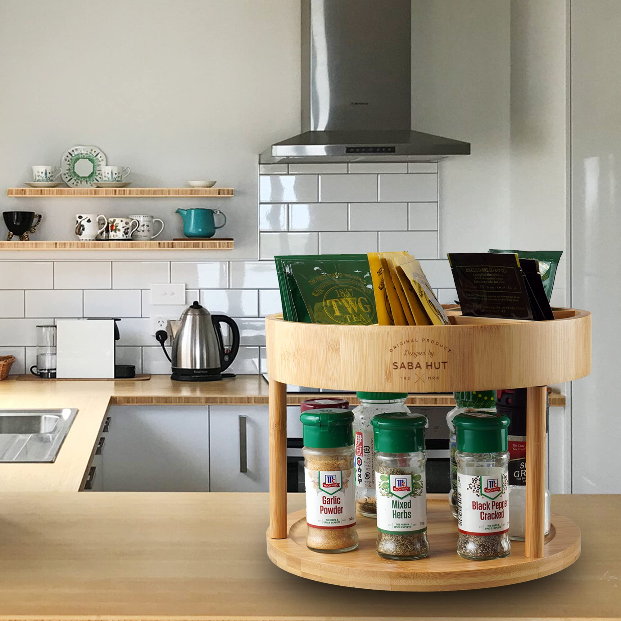 SabaHut 2 Tier Wooden Lazy Susan | 360° Turntable Spinning Spice Rack ...