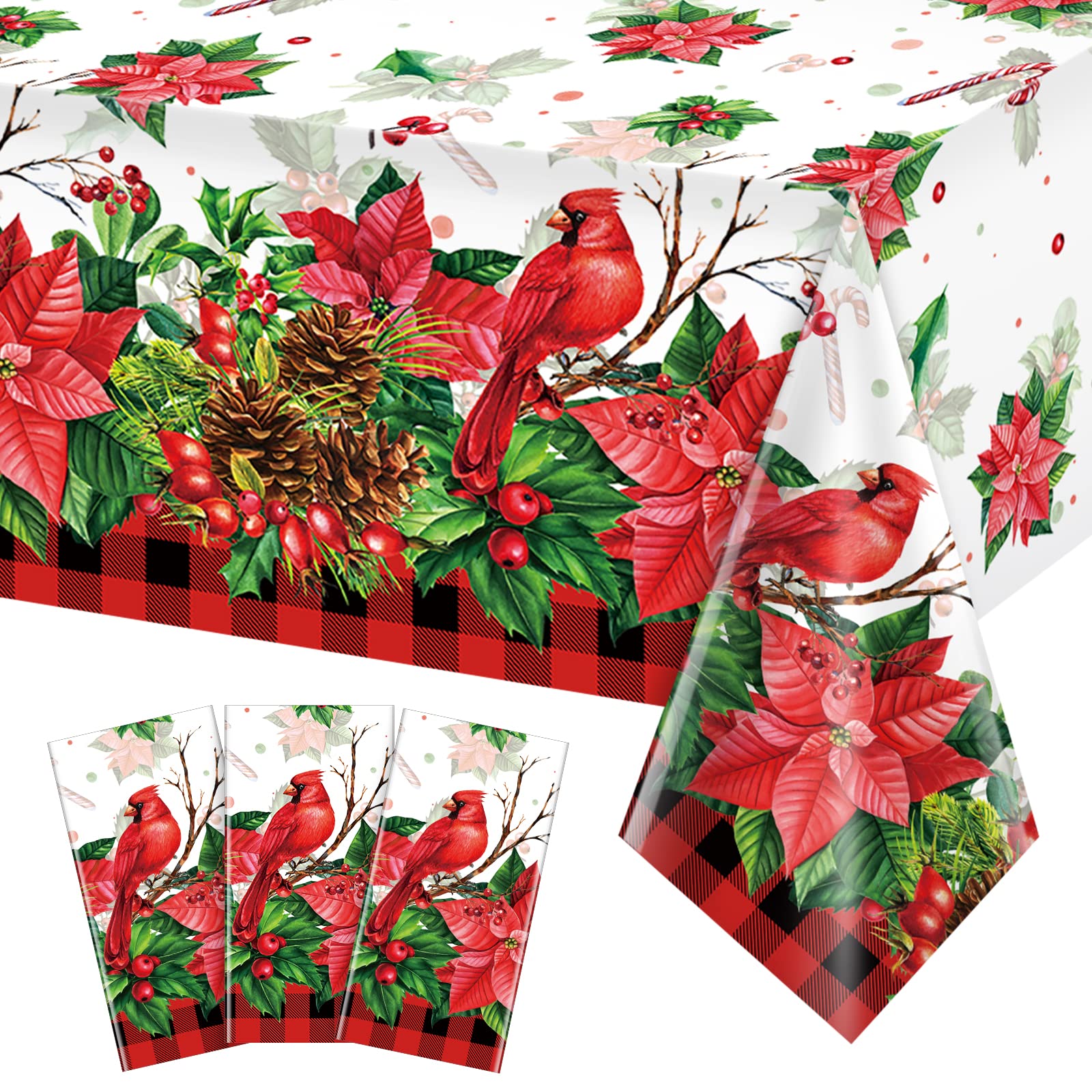 Amazon.com: 3Pc Christmas Cardinal Poinsettia Plaid Tablecloths, Red ...