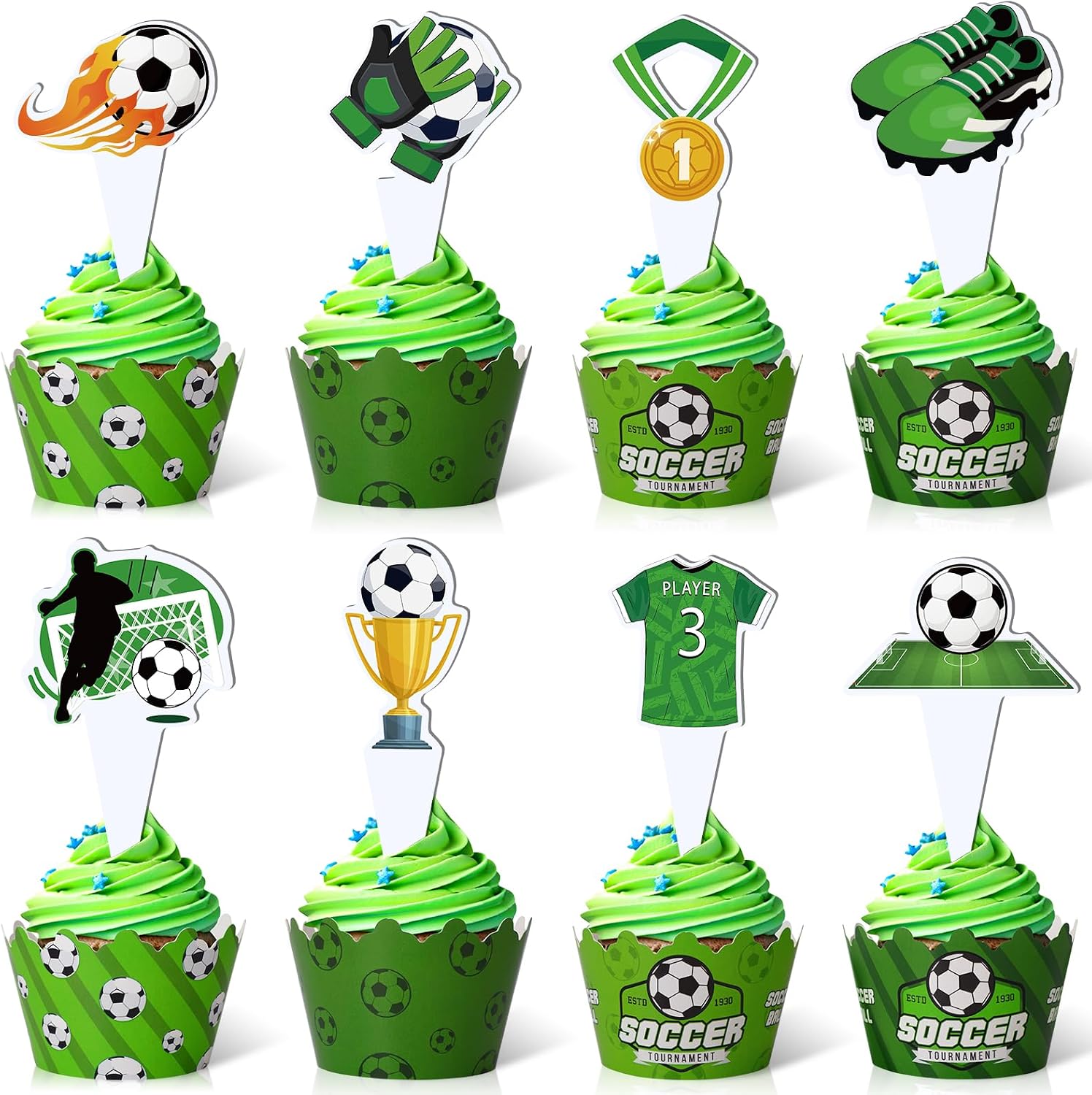 Amazon.com: 48Pcs Soccer Cupcake Toppers and Wrappers Party Supplies ...