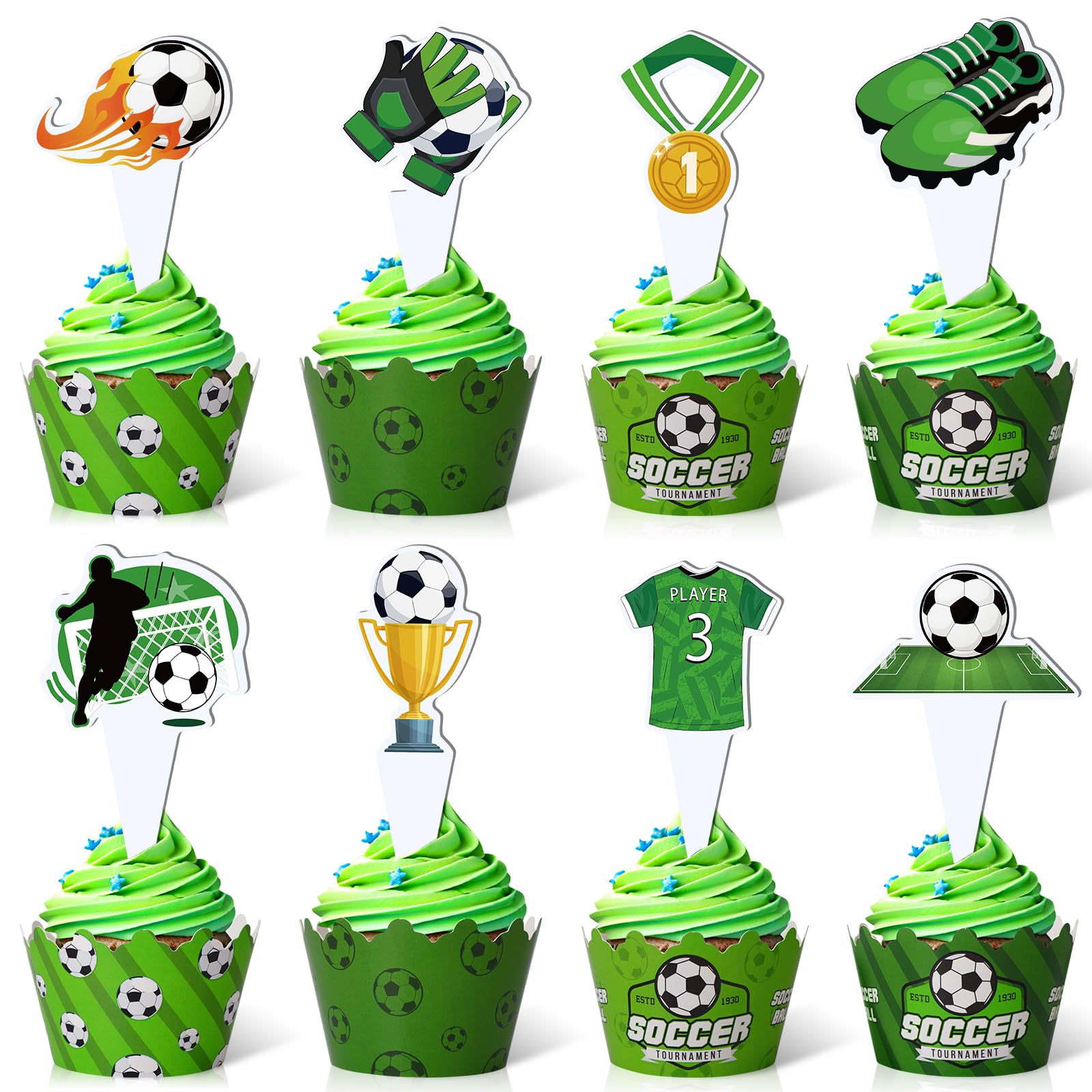 Amazon.com: 48Pcs Soccer Cupcake Toppers and Wrappers Soccer Party ...