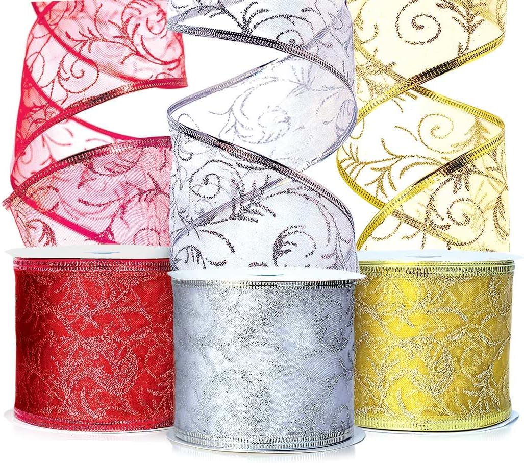 Amazon.com: Christmas Ribbon for Gift Wrapping Ribbons Wired 1.5 Inch ...