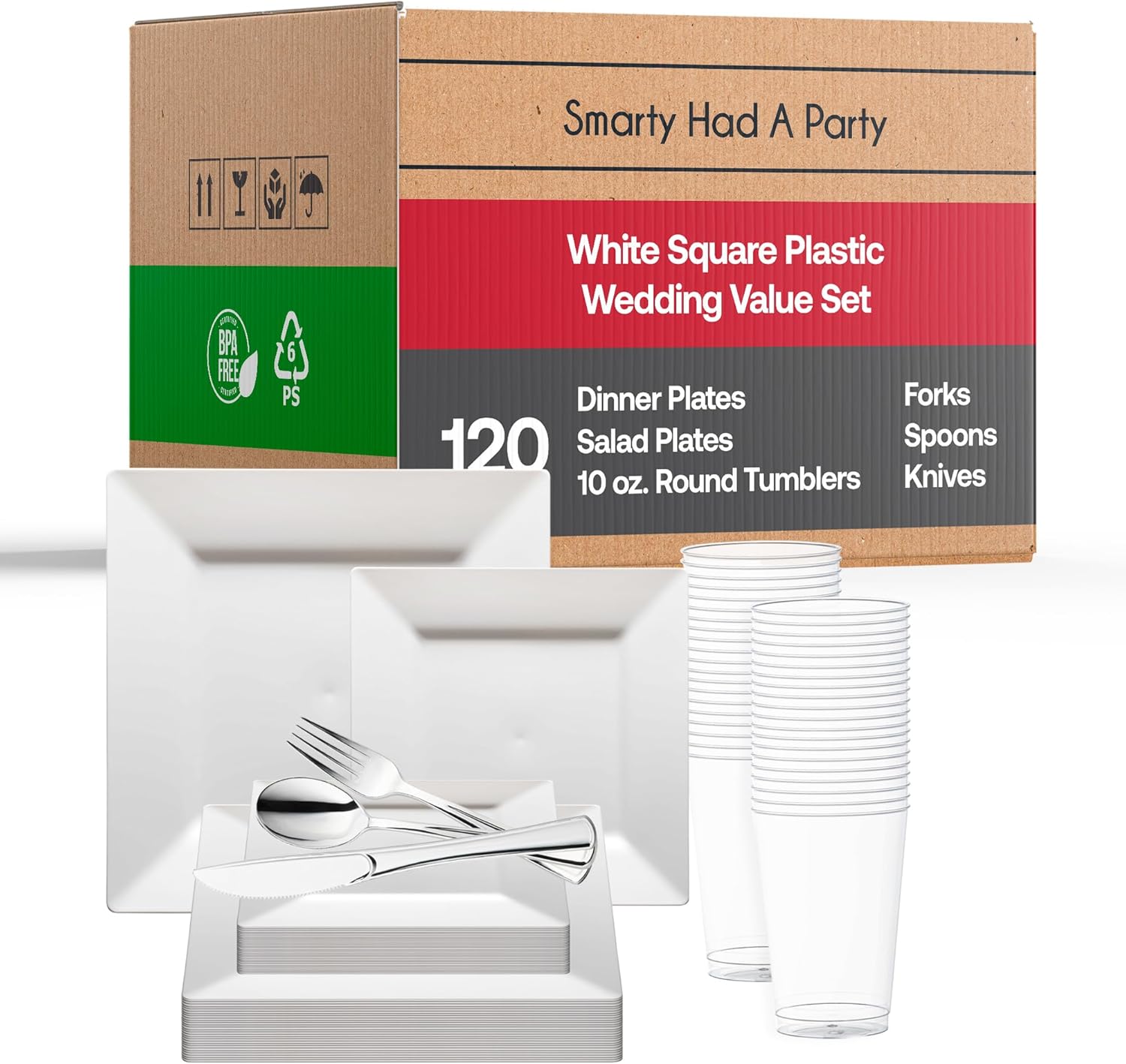 Amazon.com | Disposable Plastic Dinnerware Set for 120 Guests - Square ...