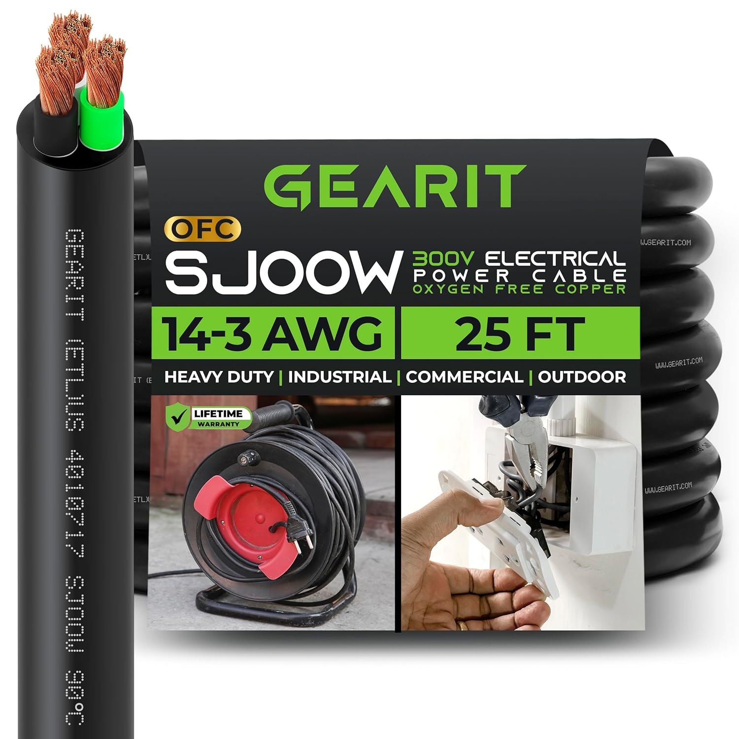 GearIT 14/3 14 AWG Portable Power Cable (25 Feet - 3 Conductor) SJOOW ...