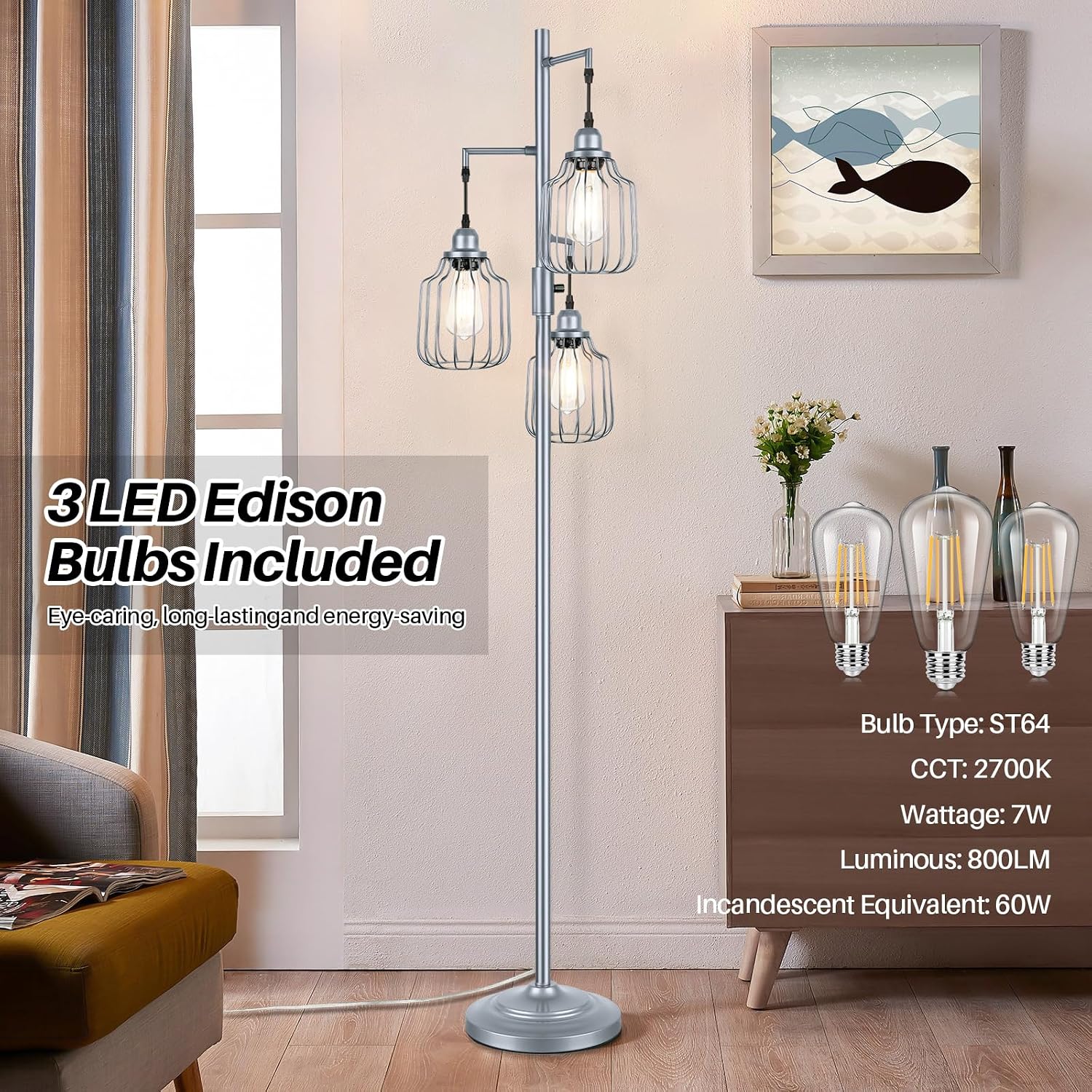 Lámpara de pie con 3 bombillas LED de edición, lámpara de pie alta de ...