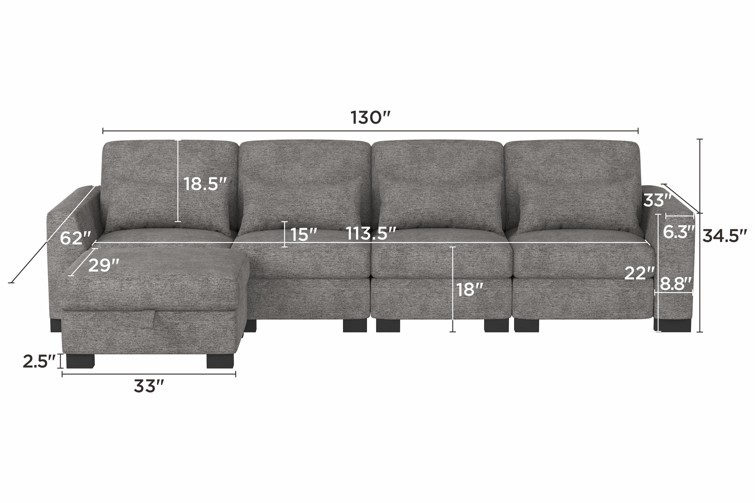 Sunrise Coast Modular Sofa Couch 130" Convertible L Shaped Sofas ...