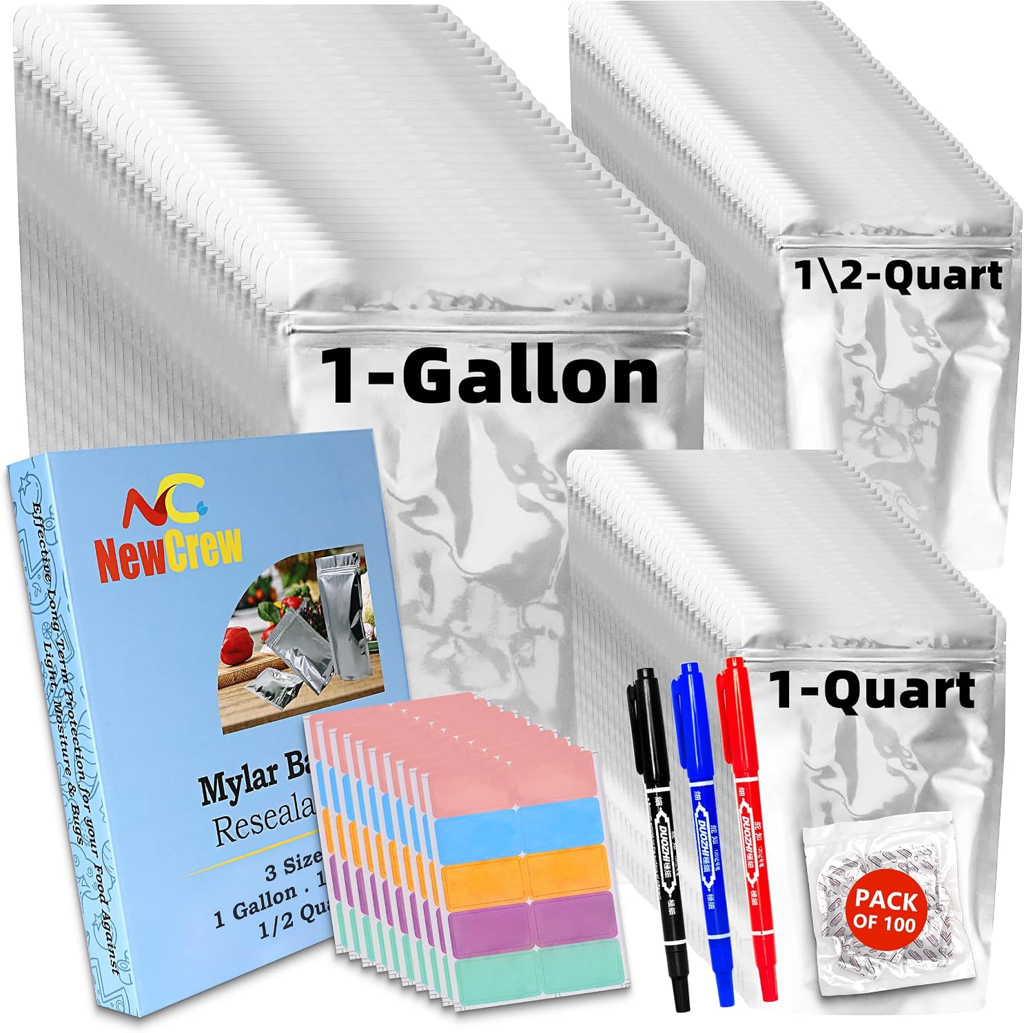 Amazon.com: NewCrew 100pcs Mylar Bags for Food Storage with 300cc ...