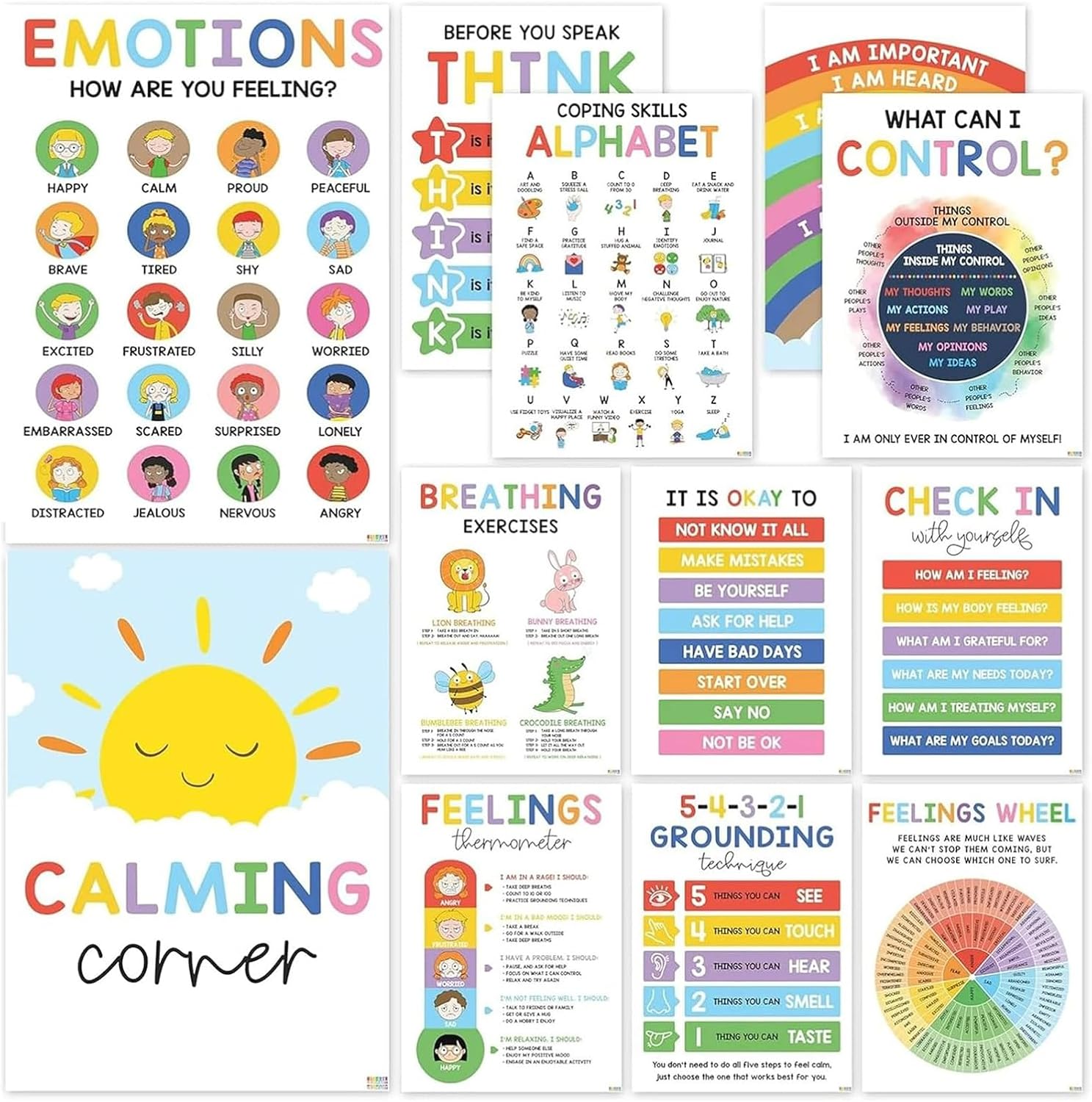 12PCS Calming Corner Classroom Posters, Kids Feelings Wheel Chart ...