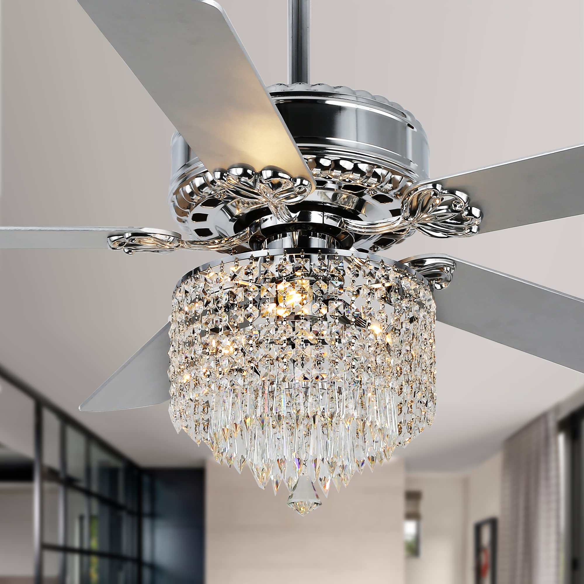 Crystal Ceiling Fan Chandelier Combo Oukaning 18 In Modern Chrome