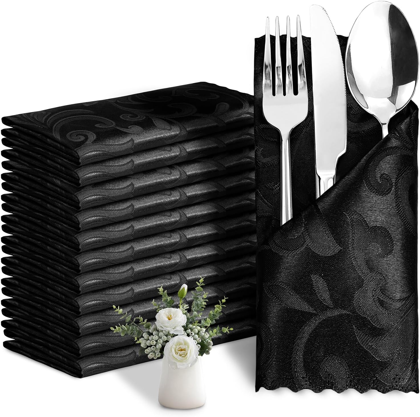 Amazon.com: Eychei 12 Pack Black Satin Napkins 17 x 17 Inch Damask ...