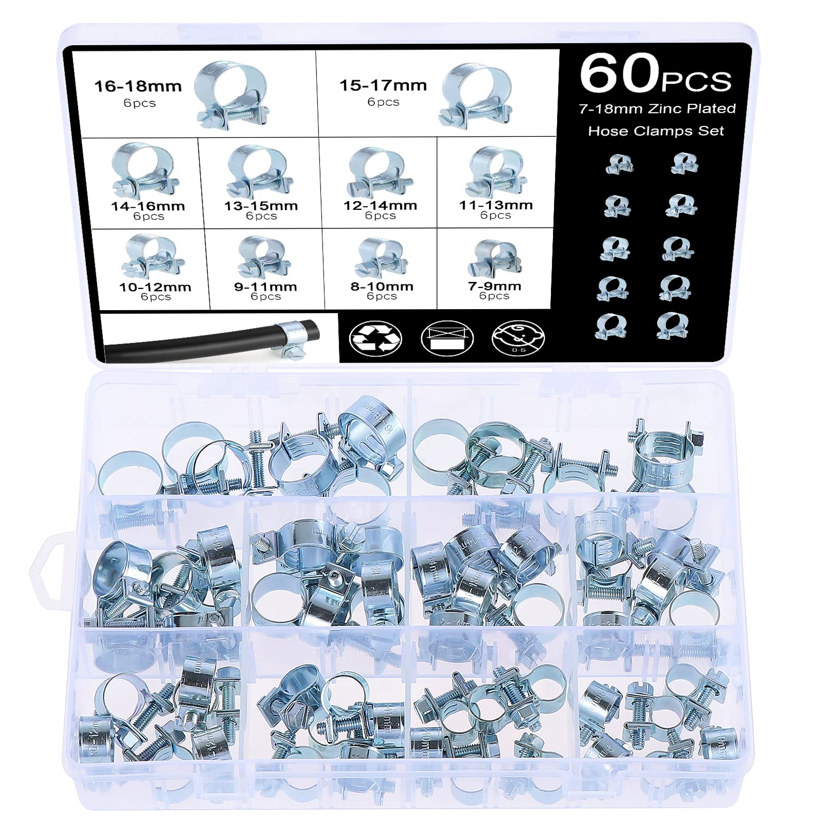 Faankiton 60PCS Hose Clamps Set, 7-18mm Zinc Plated Fuel Injection Hose ...