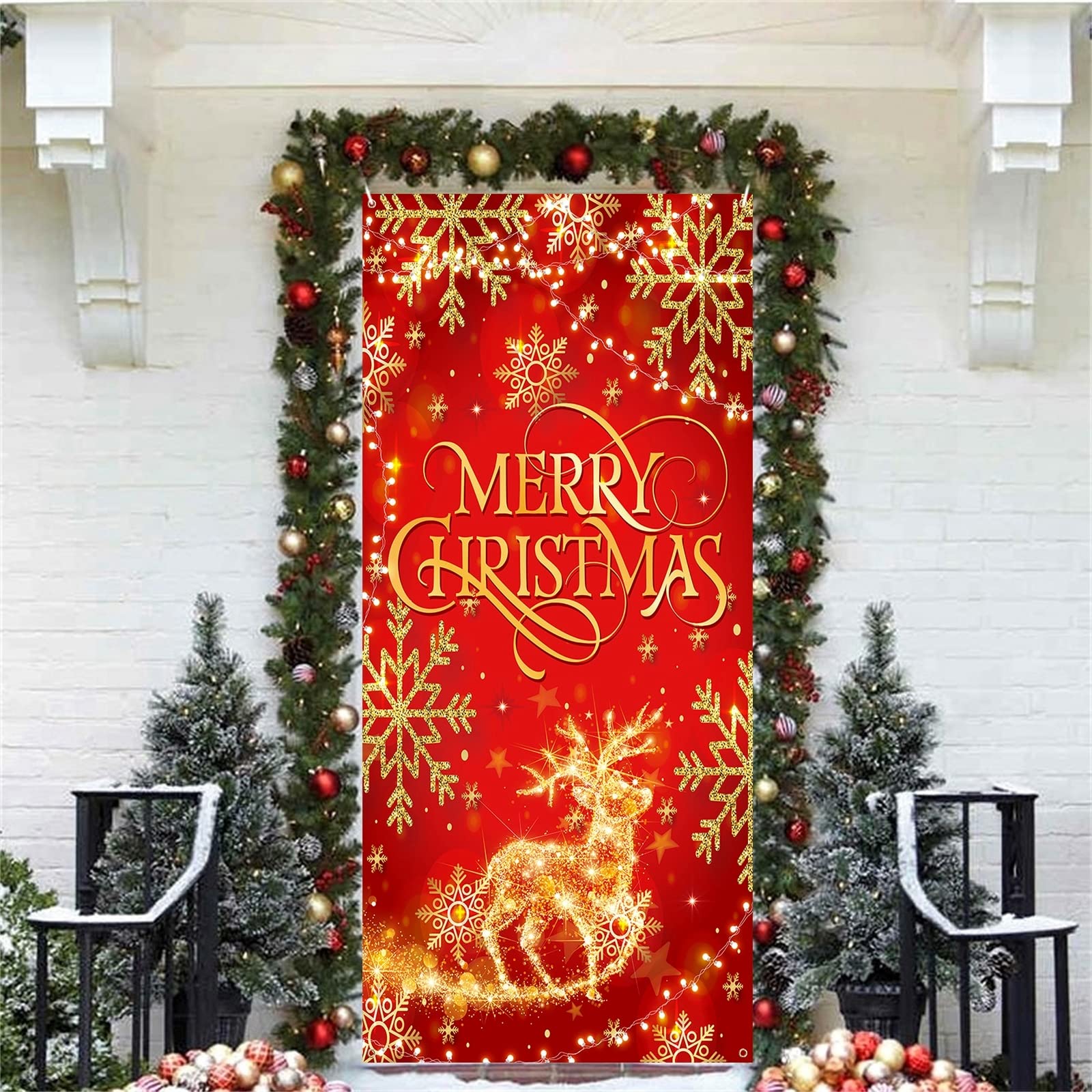 Christmas Decorations Door Cover, Red Glitter Merry Christmas Reindeer ...