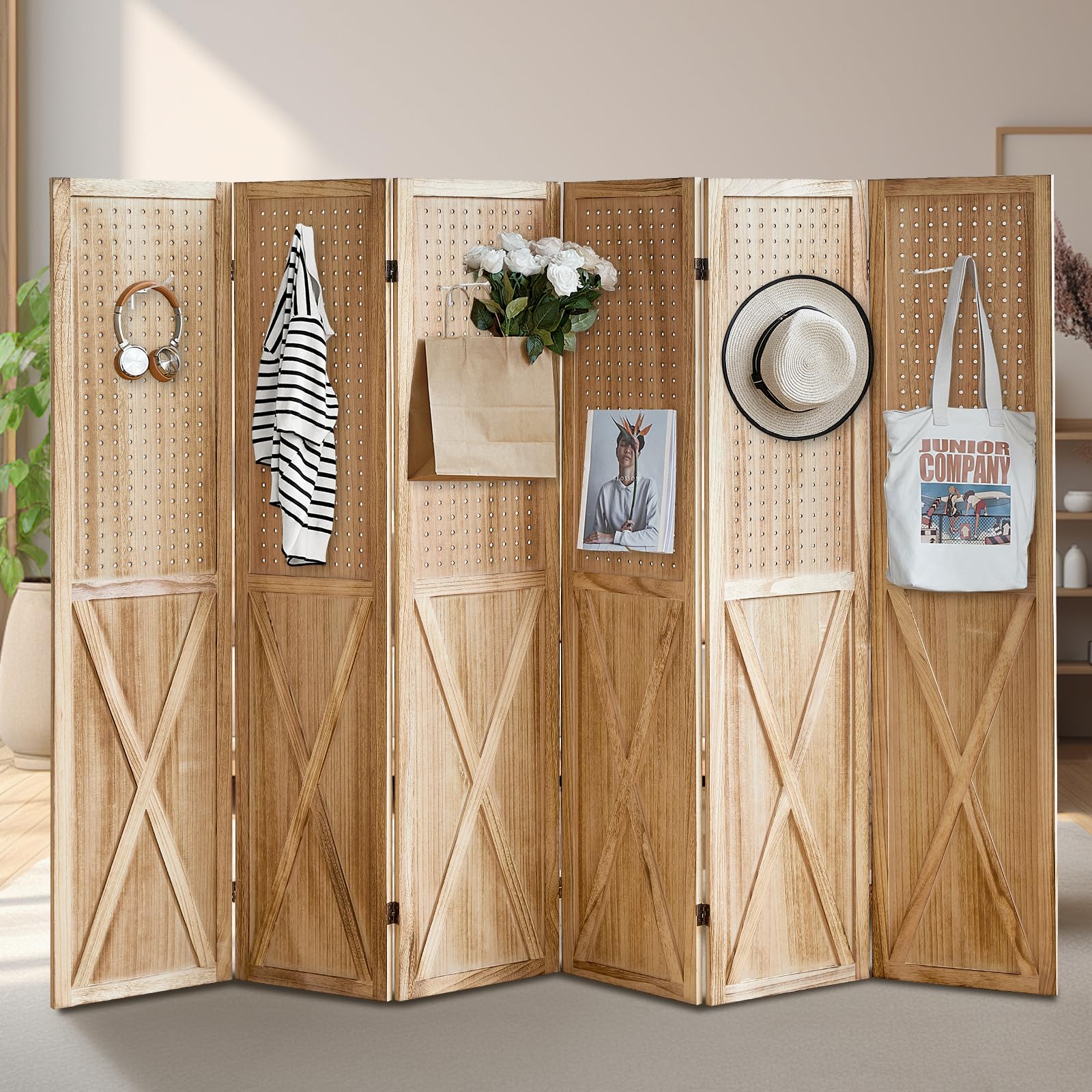 Amazon.com: ALeesing 6 Panel Room Divider, 5.6Ft Pegboard Display Wood ...