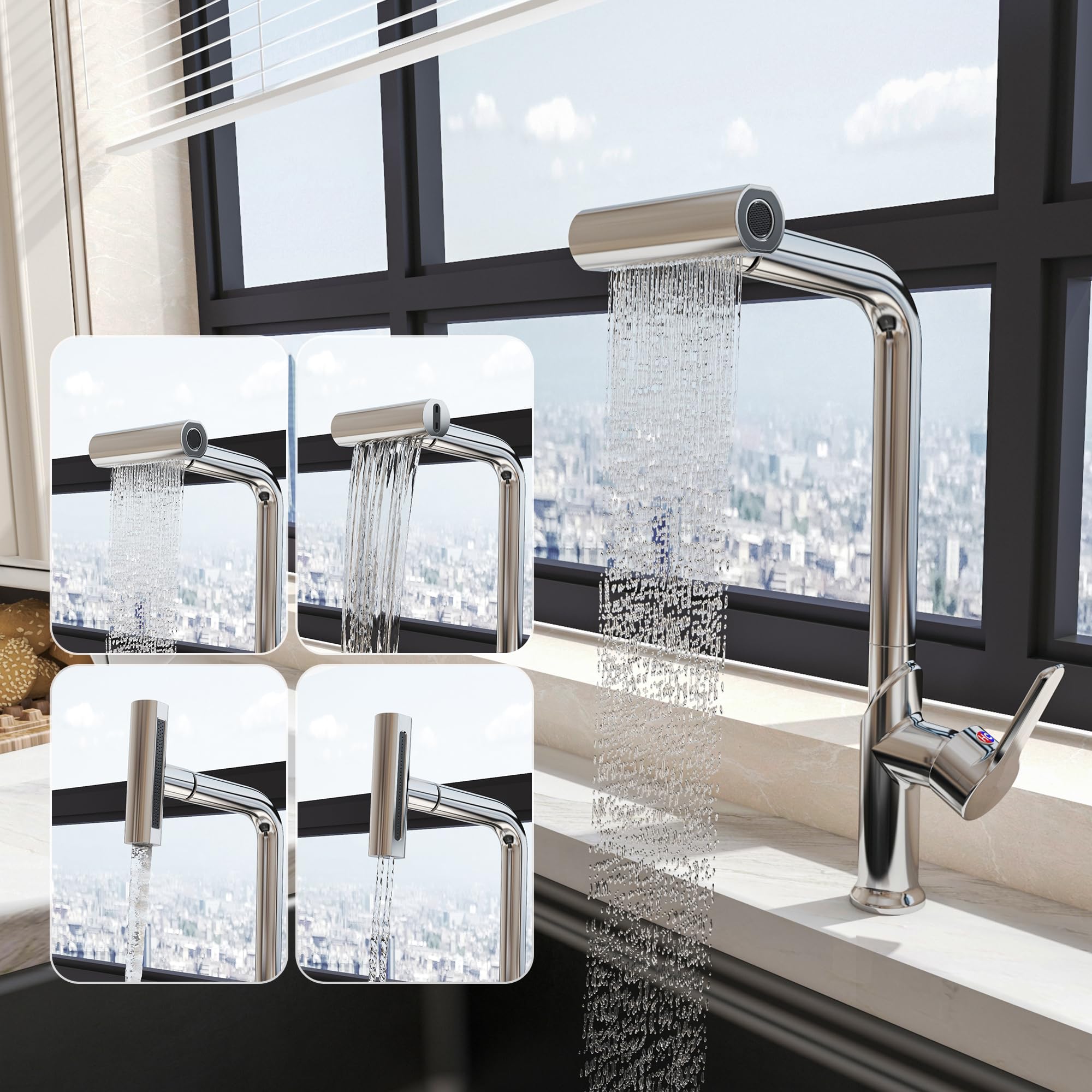 Waterfall Kitchen Faucet with Pull-Out Sprayer, Kitchen Faucet with ...