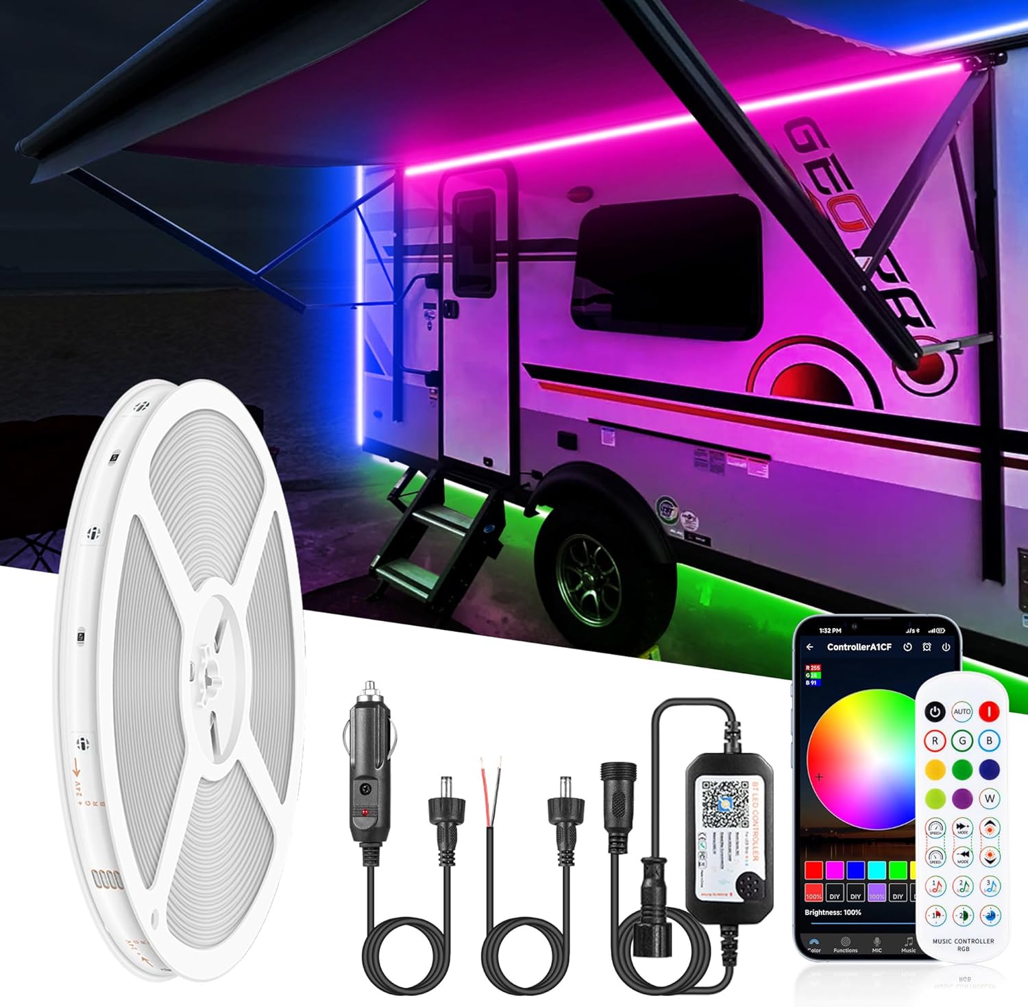 Amazon.com: Tendist 25FT RV Awning Lights Strip, 12V RGB Camper Awning ...