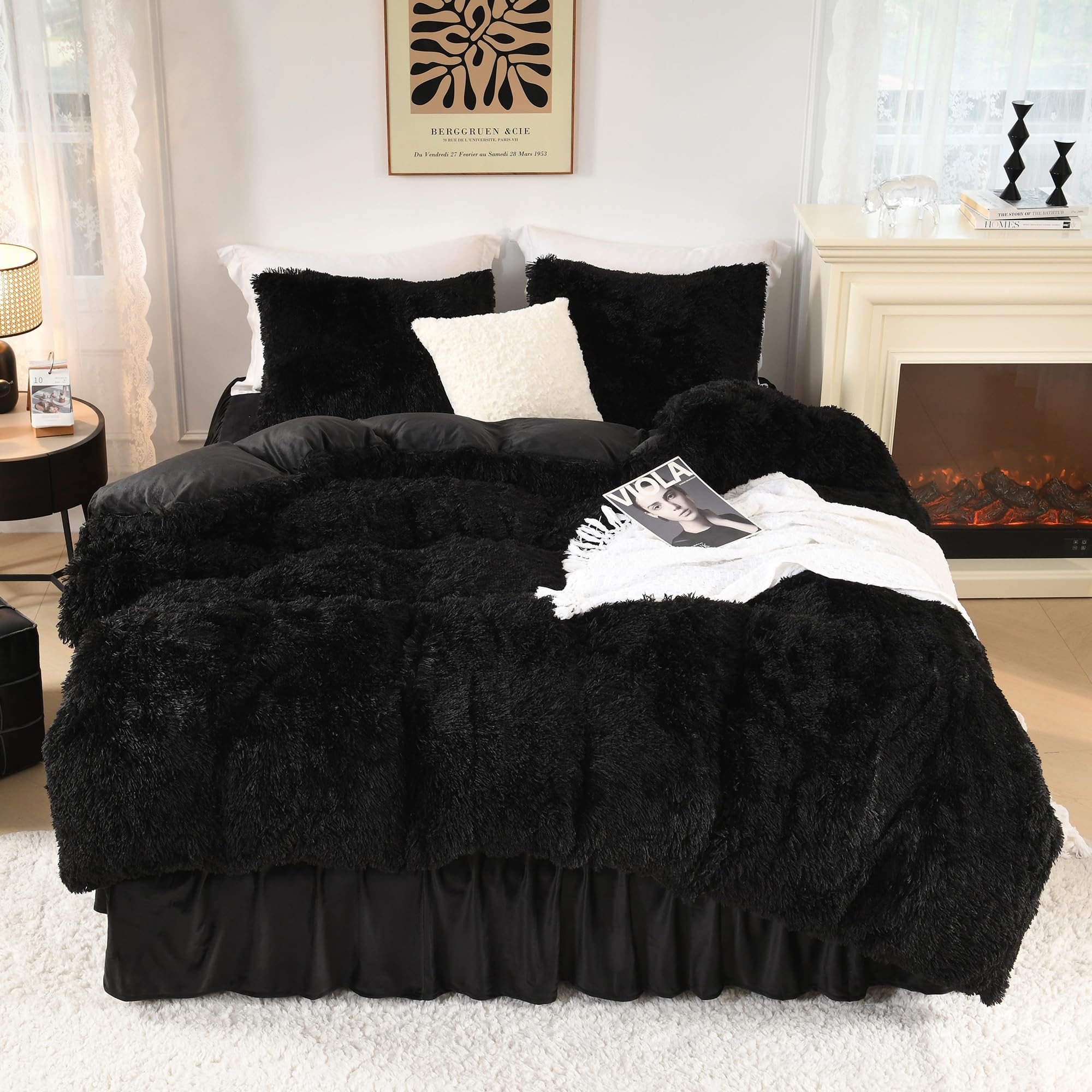Amazon.com: chovy Faux Rabbit Striped Plush Black Fur Comforter Sets ...