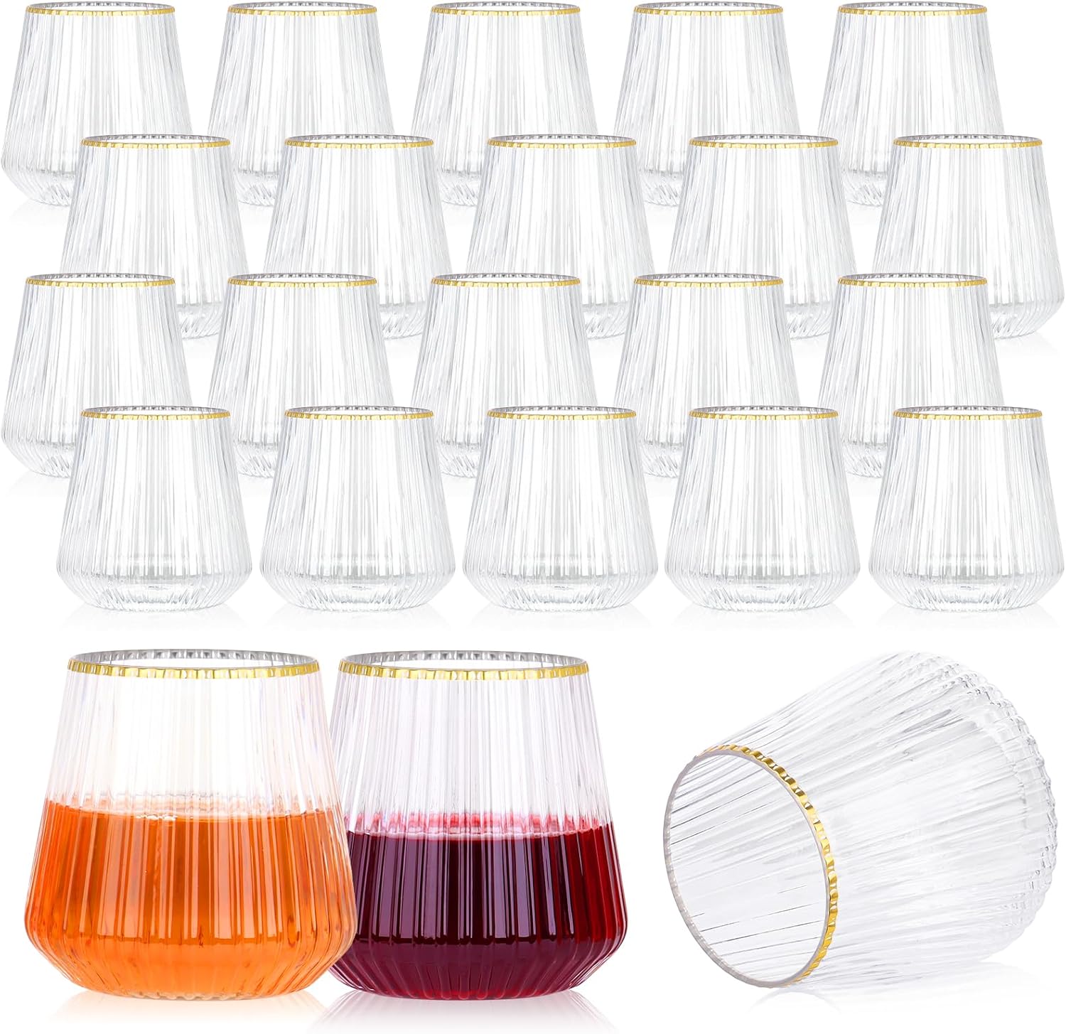 Amazon.com | 24 Pack Plastic Ribbed Wine Glasses with Gold Rim, 14oz ...