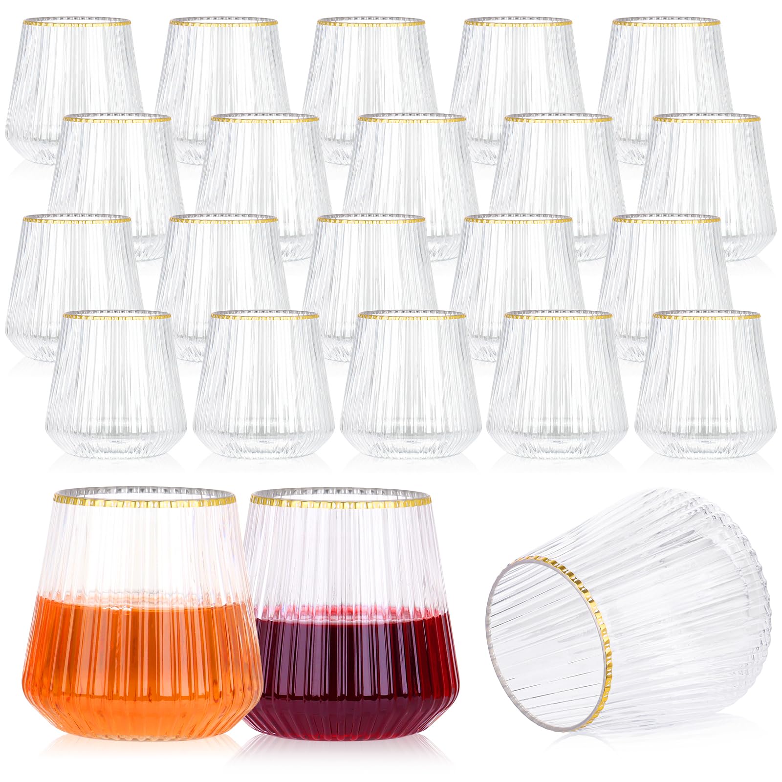 Amazon.com | 24 Pack Plastic Ribbed Wine Glasses with Gold Rim, 14oz ...