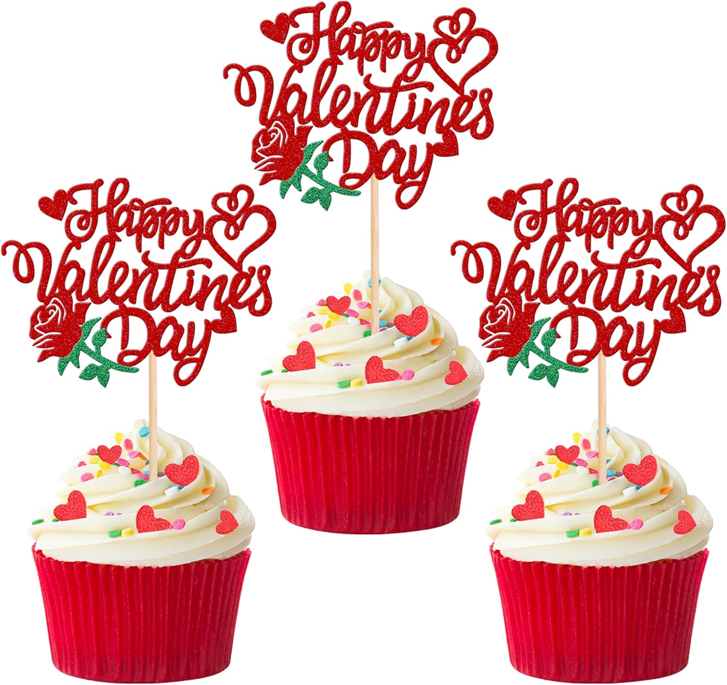 Amazon.com: 24 PCS Happy Valentine's Day Cupcake Toppers Glitter Rose ...