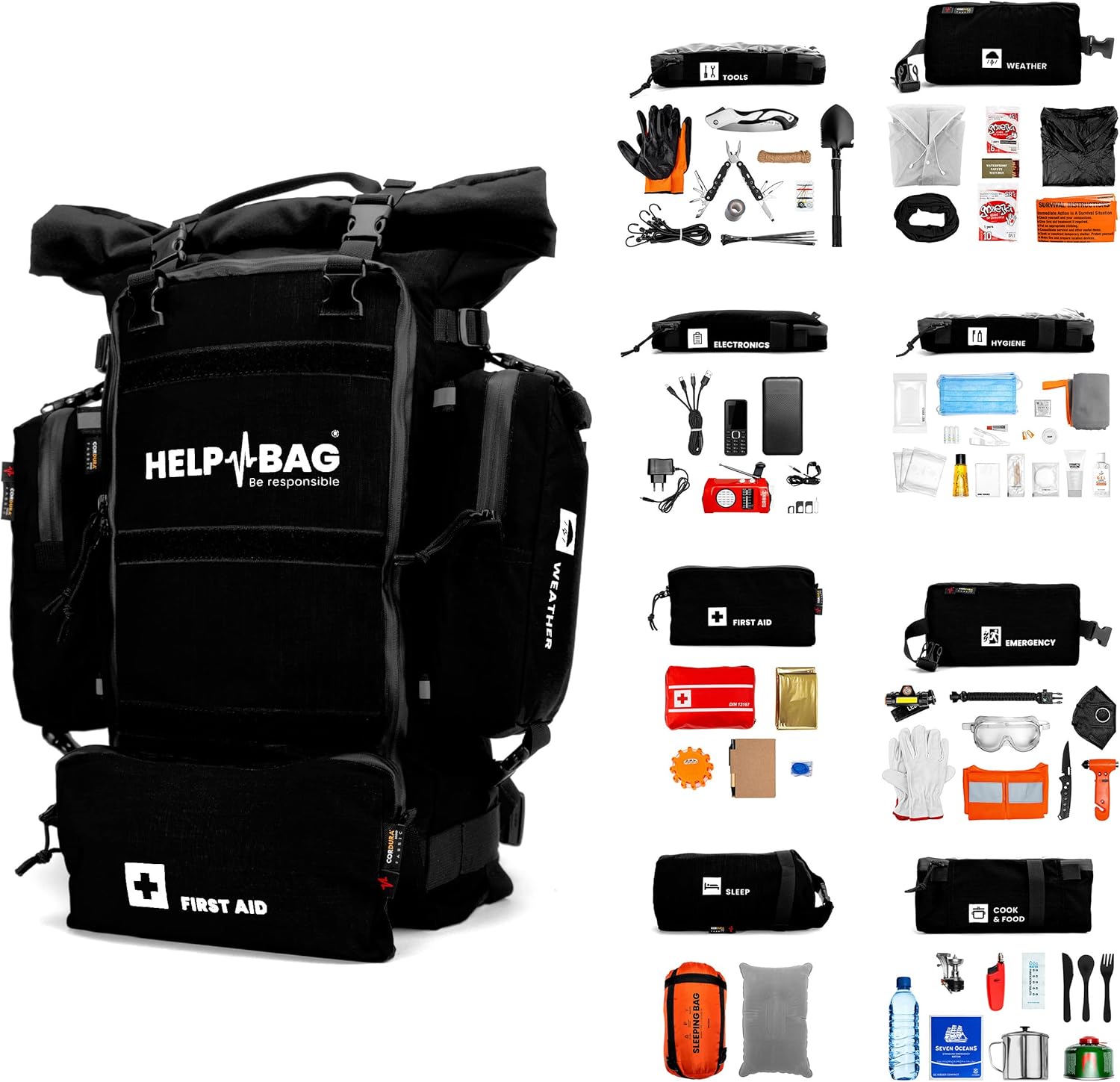 HELP BAG Notfallrucksack Survival Kit - 60 Zubehörteile Cordura ...