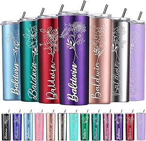 Amazon.com | Birth Flower Personalized Tumblers with Lids and Straws,Custom Engraved Skinny ...