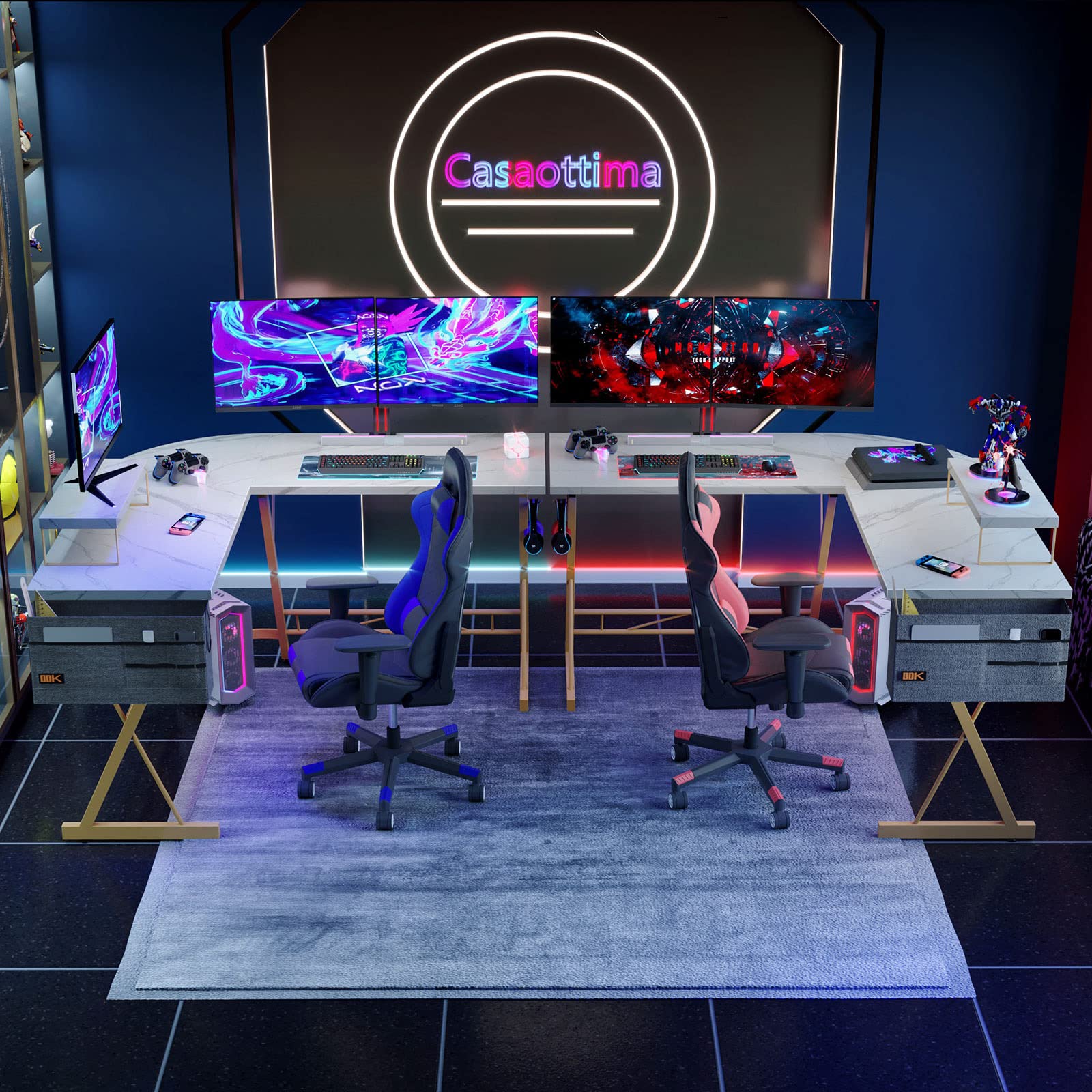 Casaottima L Shaped Gaming Desk, Home Office Desk with Round Corner ...