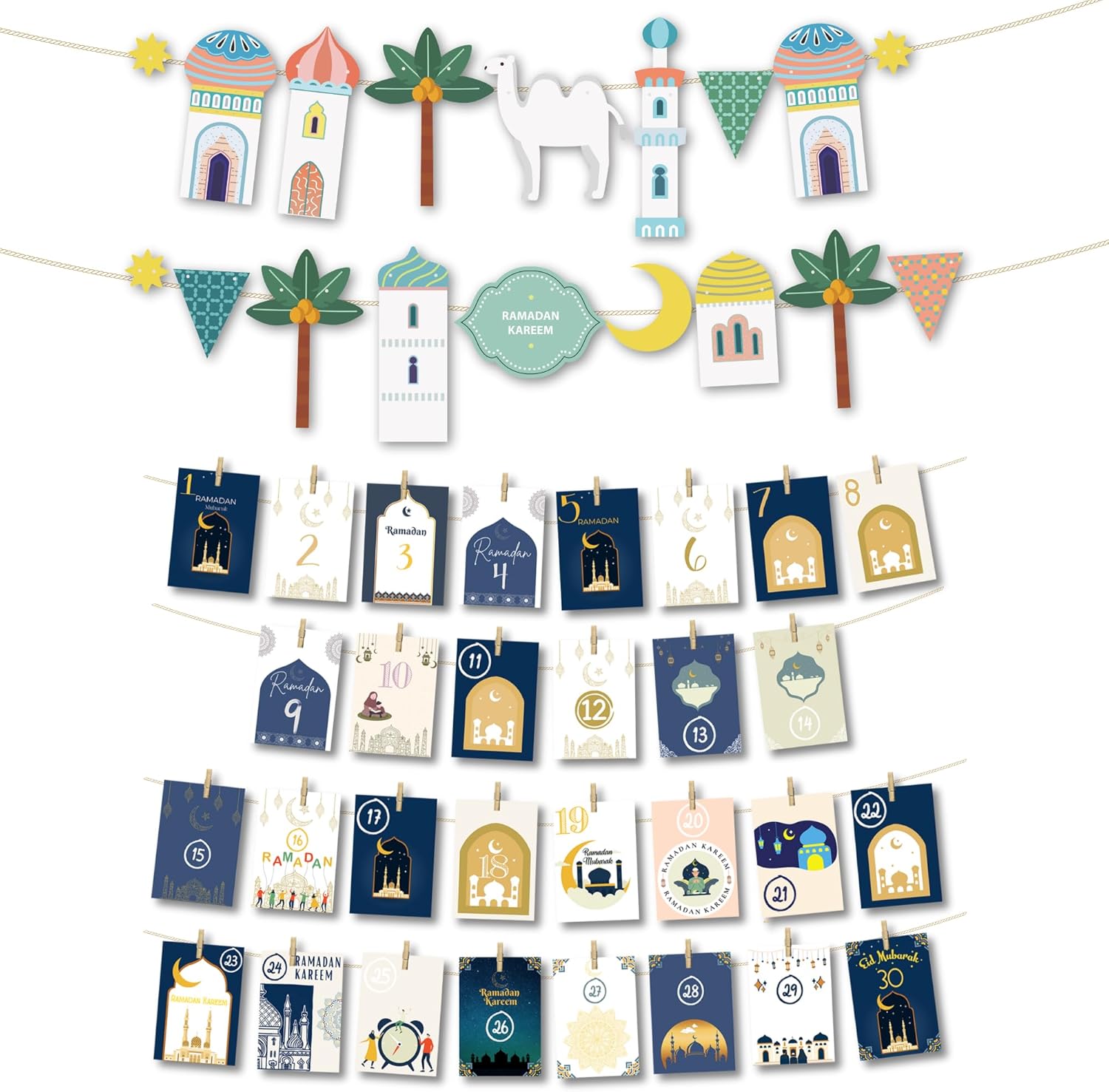 Amazon.com: 2 Set Eid Mubarak Cards Banner, 30 Day Advent Calendar Card ...