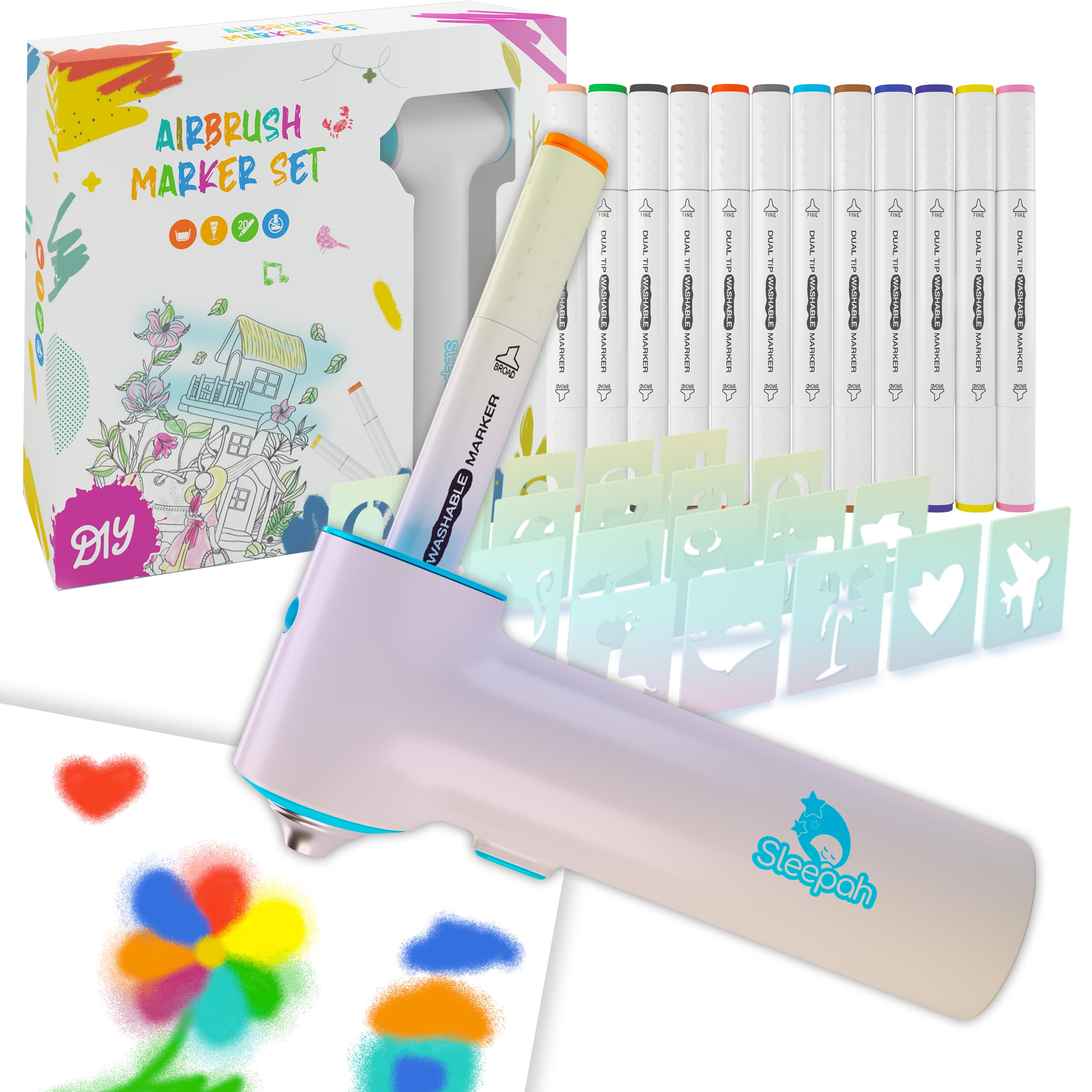 Amazon.com: Air Brush Marker Set for Kids Includes 12 Washable Markers ...