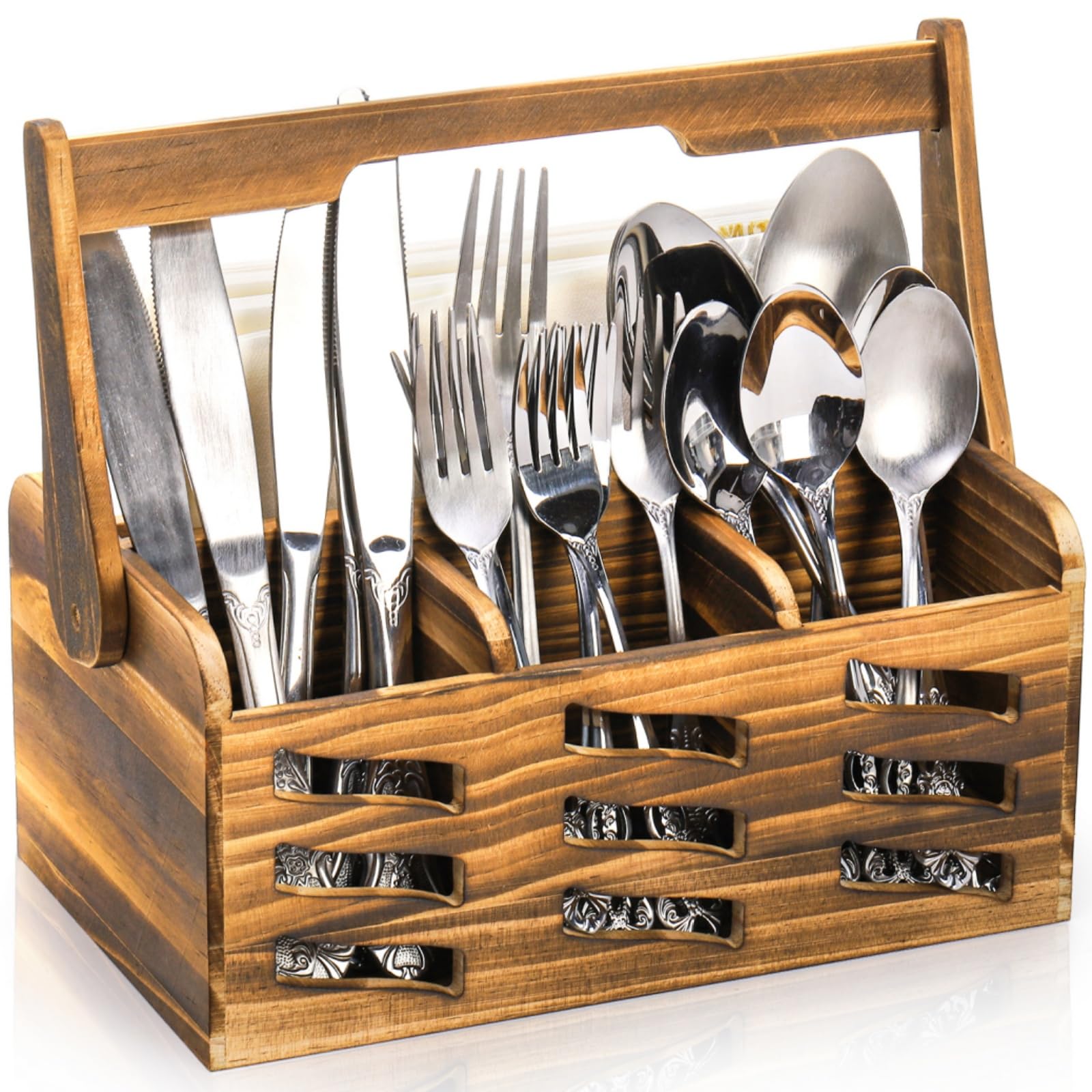 Amazon.com: Noamus Silverware Caddy with Handle, 4 Compartments Wooden ...