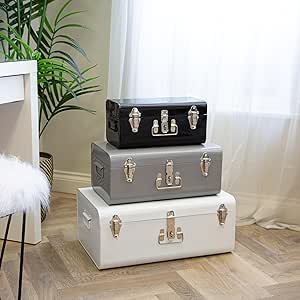 Metal Storage Trunks, Set Of 3, White, Grey & Black - Storage Chests ...