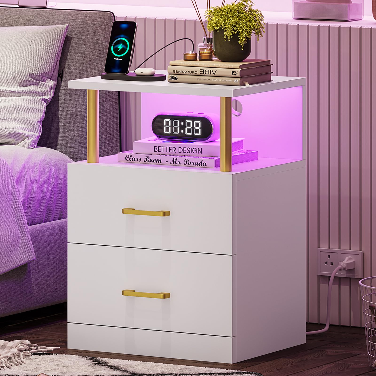 Amazon.com: VIAGDO LED Night Stand with Charging Station and USB Ports ...