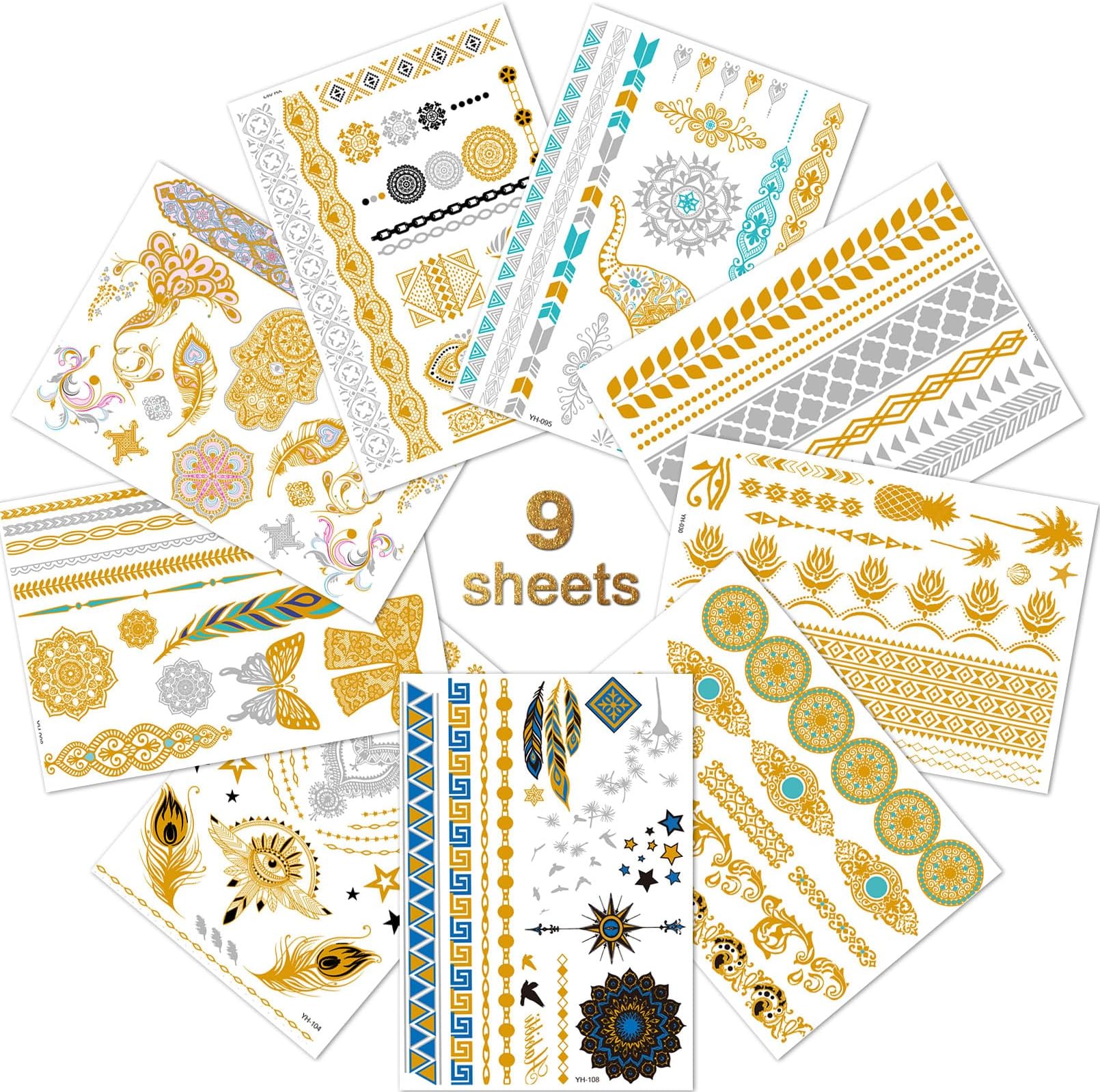 Amazon.com : Metallic Temporary Tattoos- Six Sheets of Gold and Silver ...