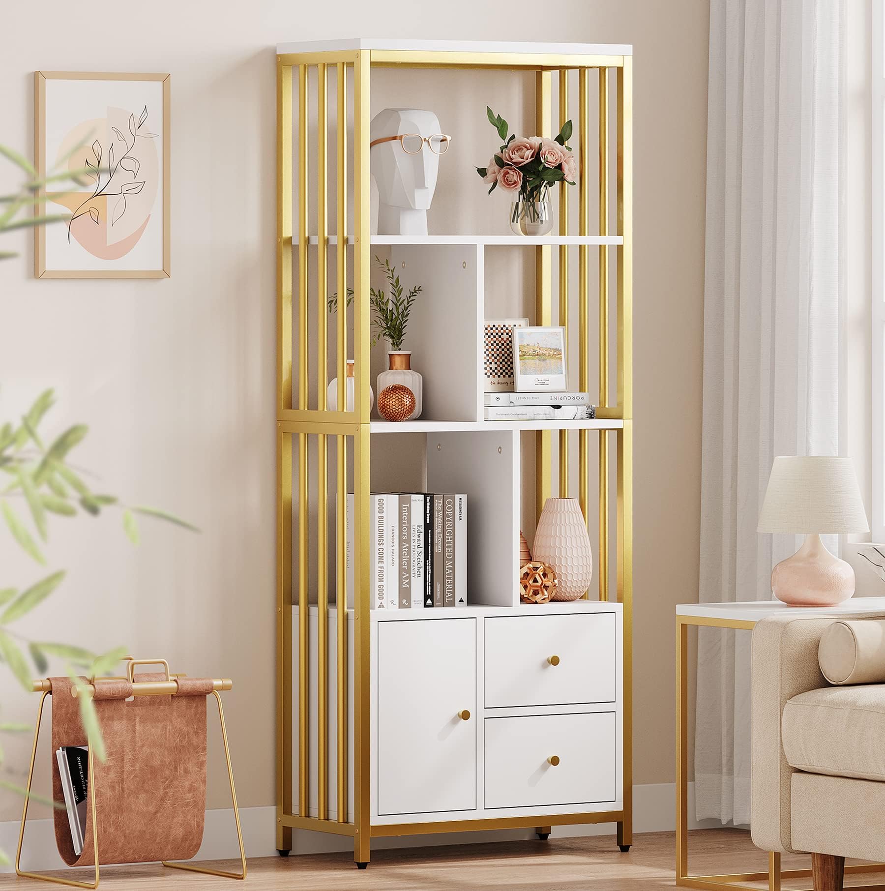 Amazon.com: IDEALHOUSE Gold Bookshelf Modern Bookcase with Drawers ...