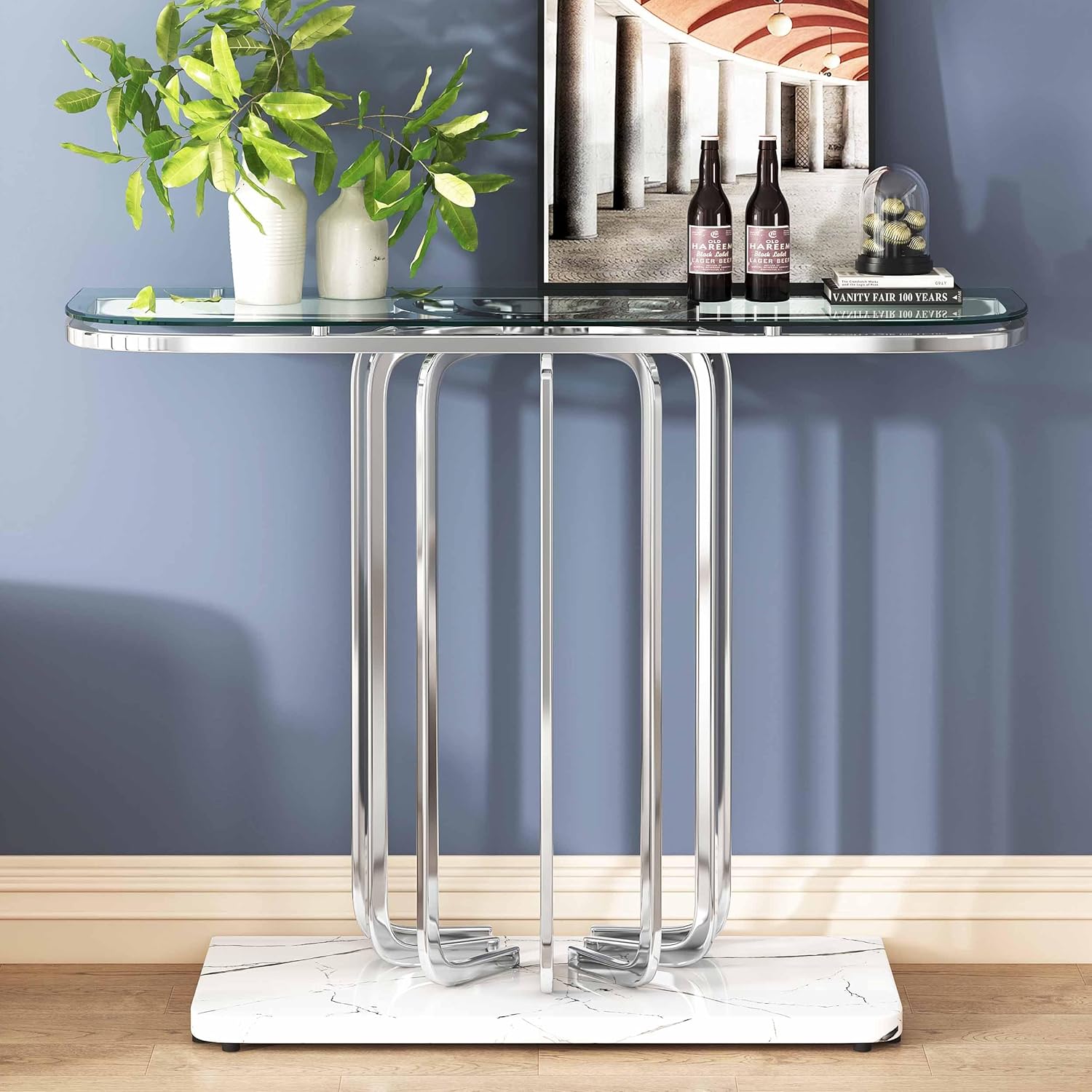 Amazon.com: O&K FURNITURE Silver Console Tables for Entryway, Glass ...