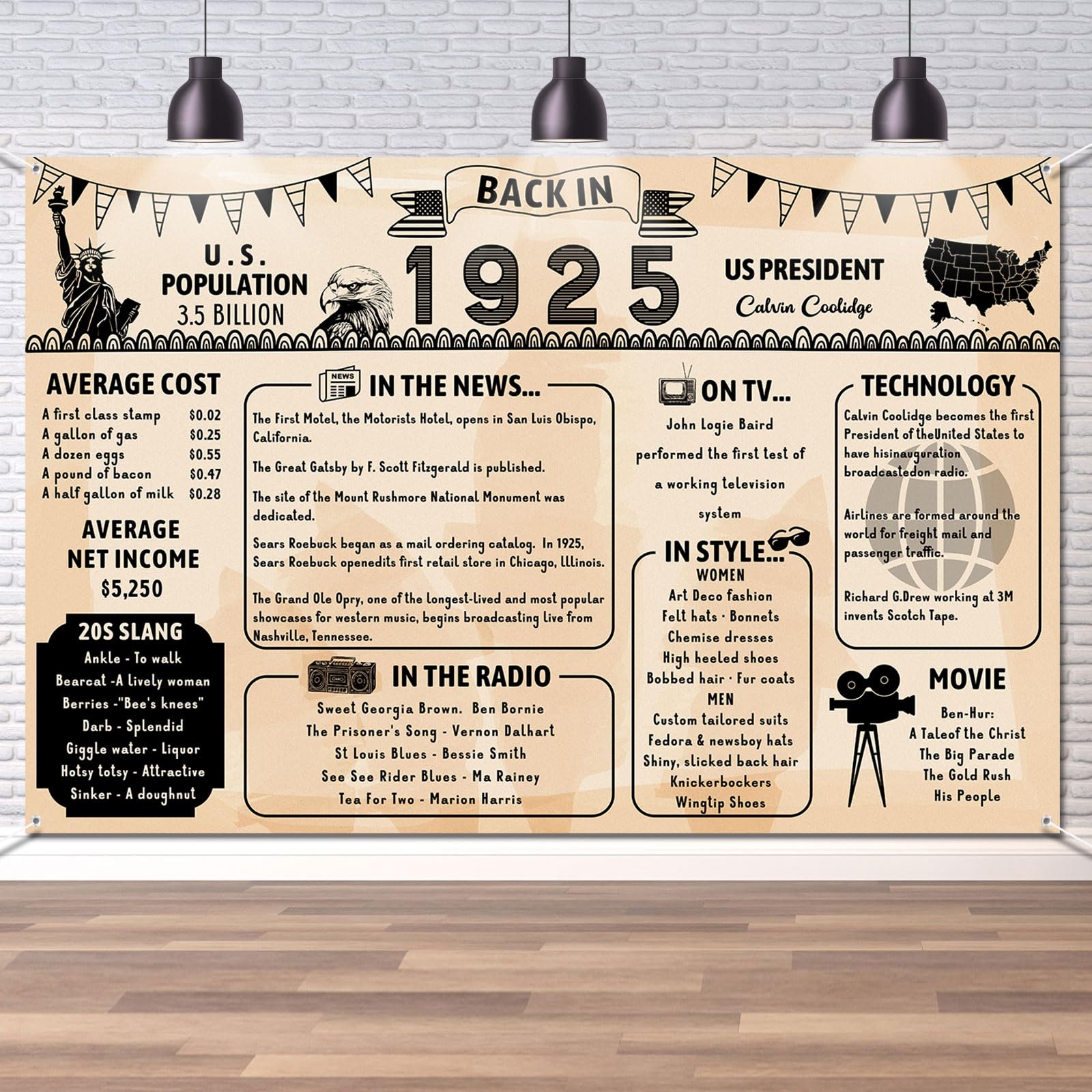 Amazon.com : Back in 1925 Backdrop Large Wall Banner, Retro Style Happy ...