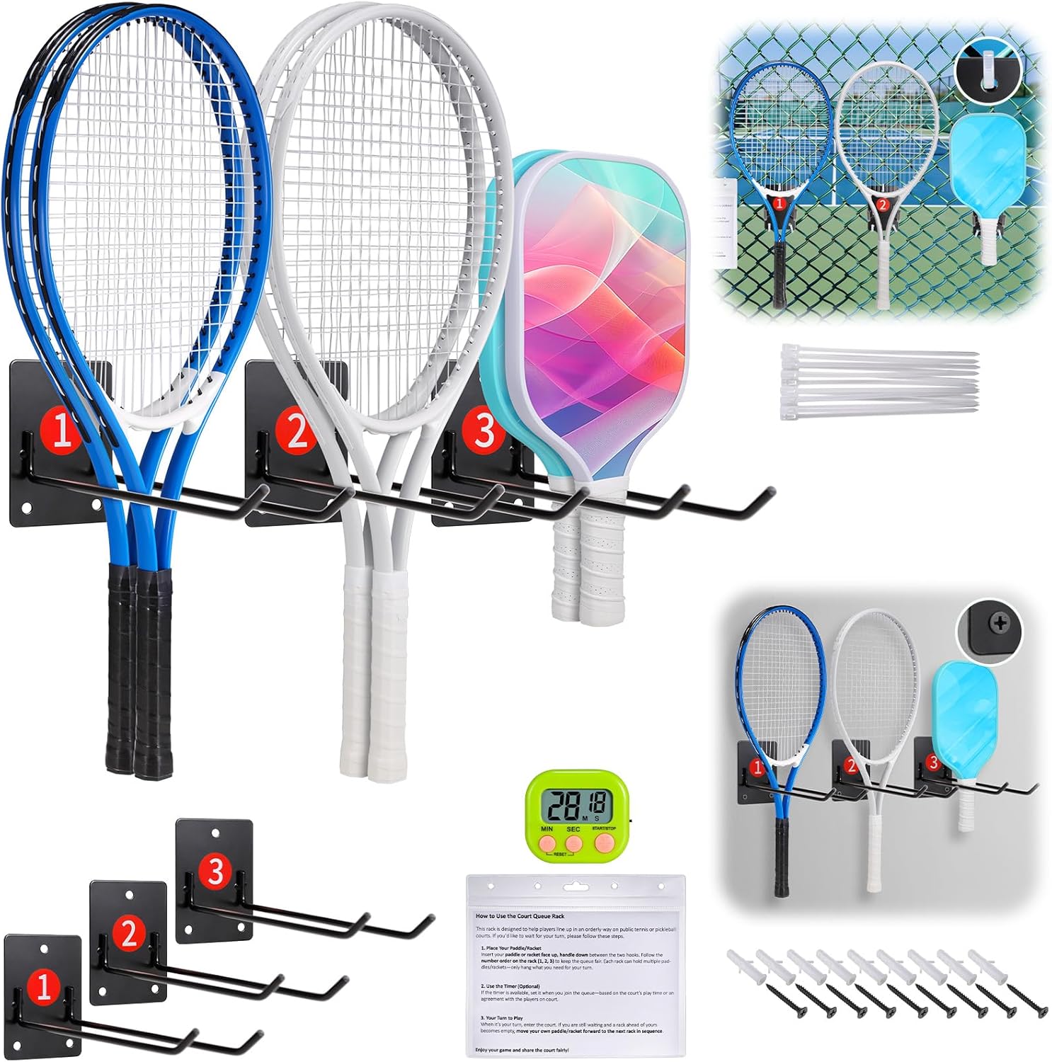 Amazon.com : 3-Rack Court Lineup System for Tennis & Pickleball — Fence ...